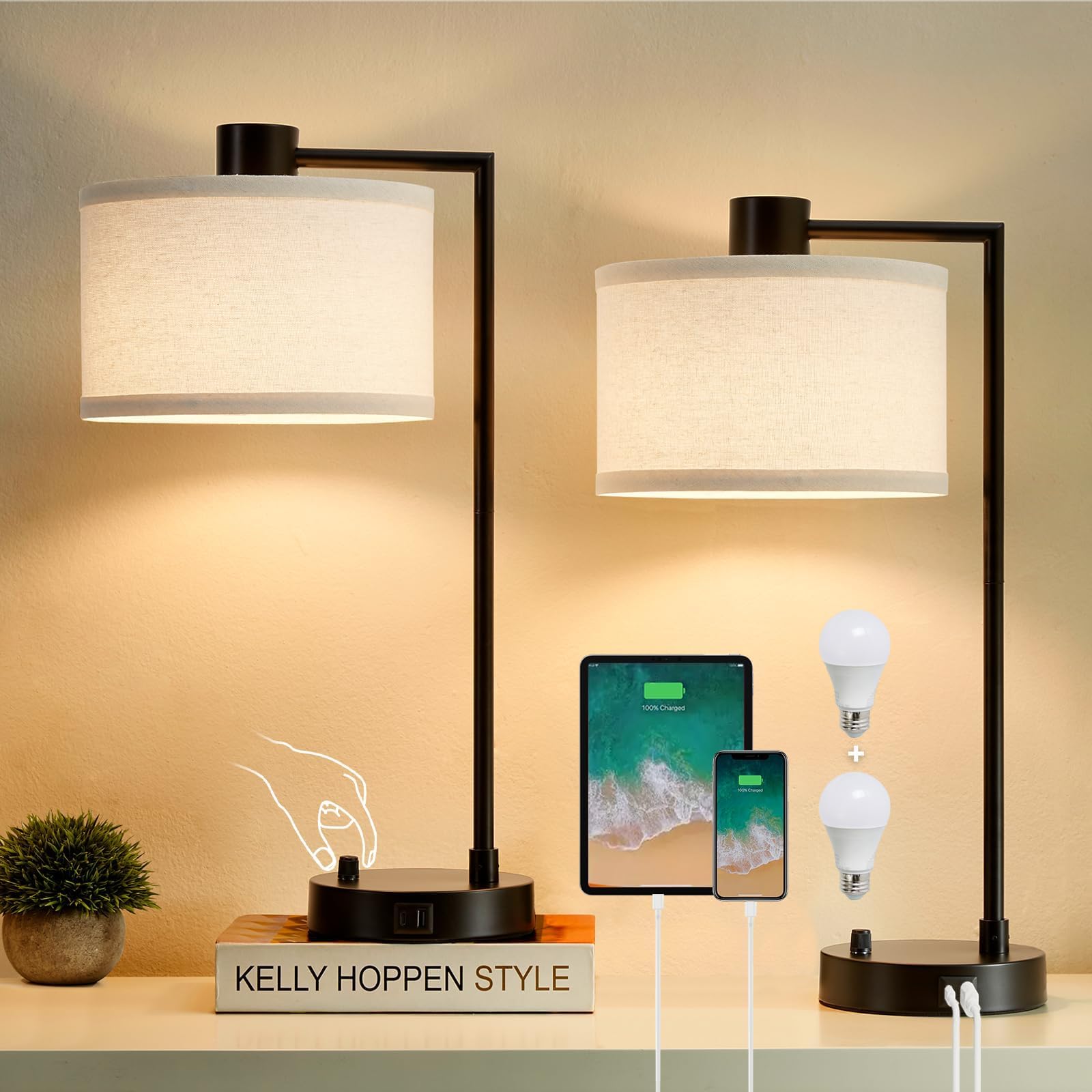 JS NOVA JUNS USB Table Lamp Set of 2, Bedside Nightstand Lamp with Dual ...