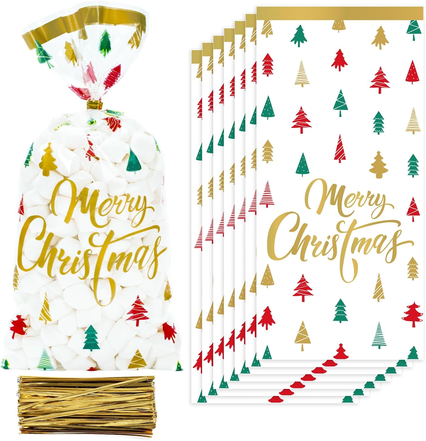 Amazon.com: Whaline 150Pcs Christmas Cellophane Treat Bags Xmas Tree ...