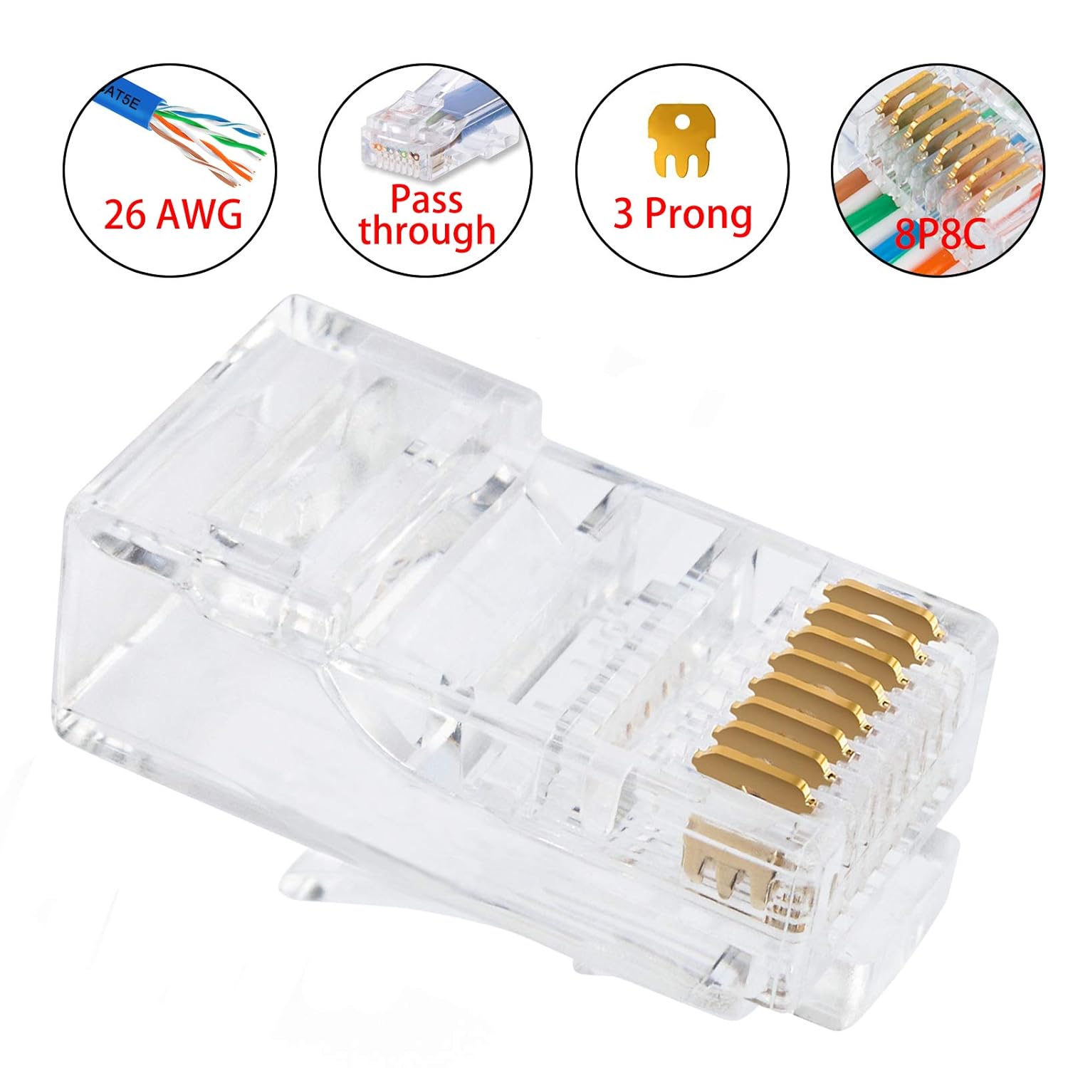 50 Pack RJ45 Connector CAT5 CAT5E Pass Through 8P8C Ethernet Modular ...