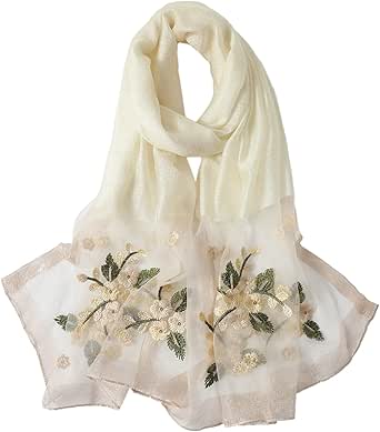WINCESS YU Women Mulberry Silk Scarf Lightweight Embroidered Floral ...
