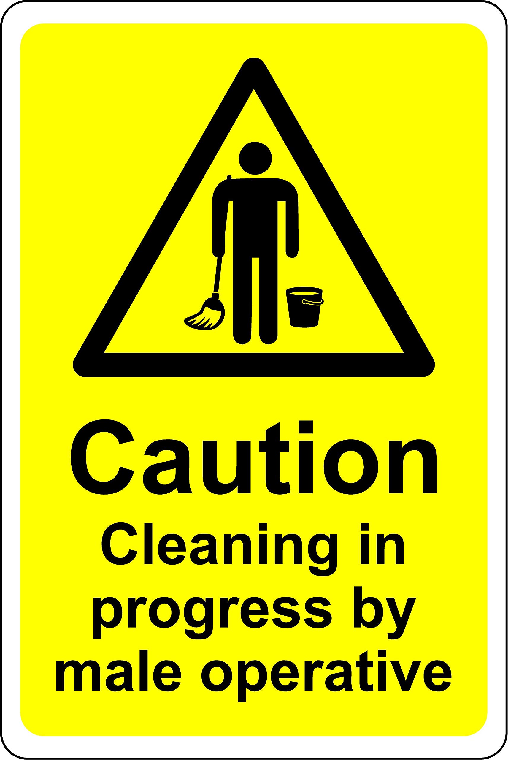 Caution cleaning in progress by male operatives toilet Safety sign ...