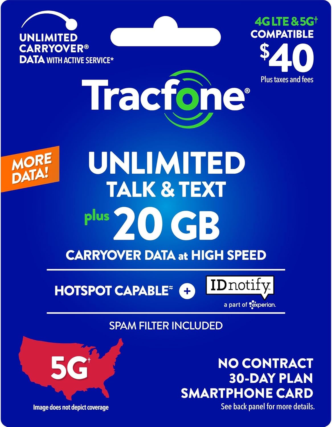 Amazon.com: Tracfone $40 Unlimited Talk & Text, 20 GB of Data / 30 Days ...