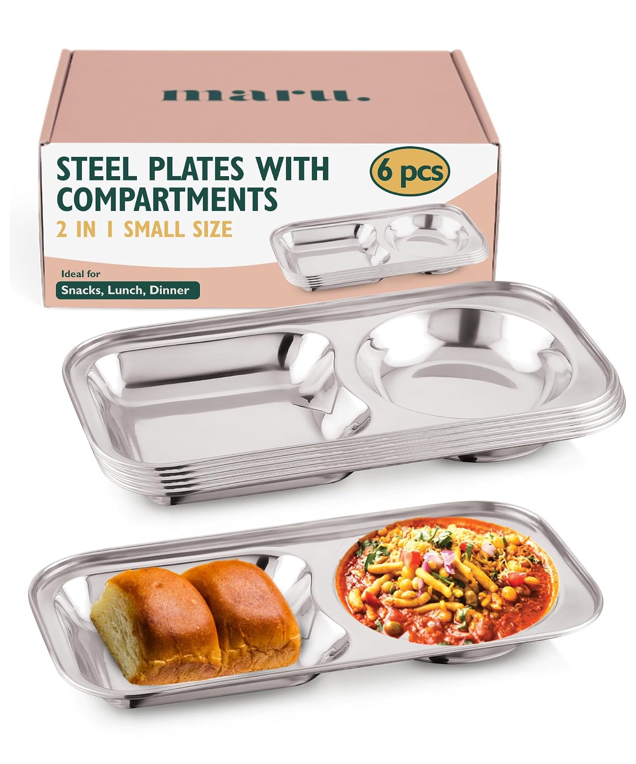 Buy MARU Small Stainless Steel Snacks Plate with Compartments Set of 6 ...