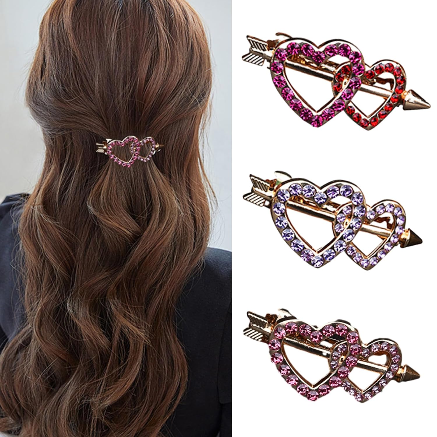 3 Pcs Love Heart Hair Clips Vintage Crystal Alloy Rhinestone Hair Slide ...