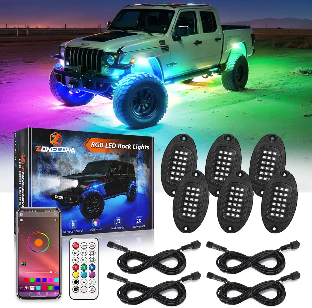 Amazon.com: ZONECONA 6Pods Metal Chasing LED Rock Lights Kit +4PCS 36 inch 4-Pin RGB Rock Lights ...
