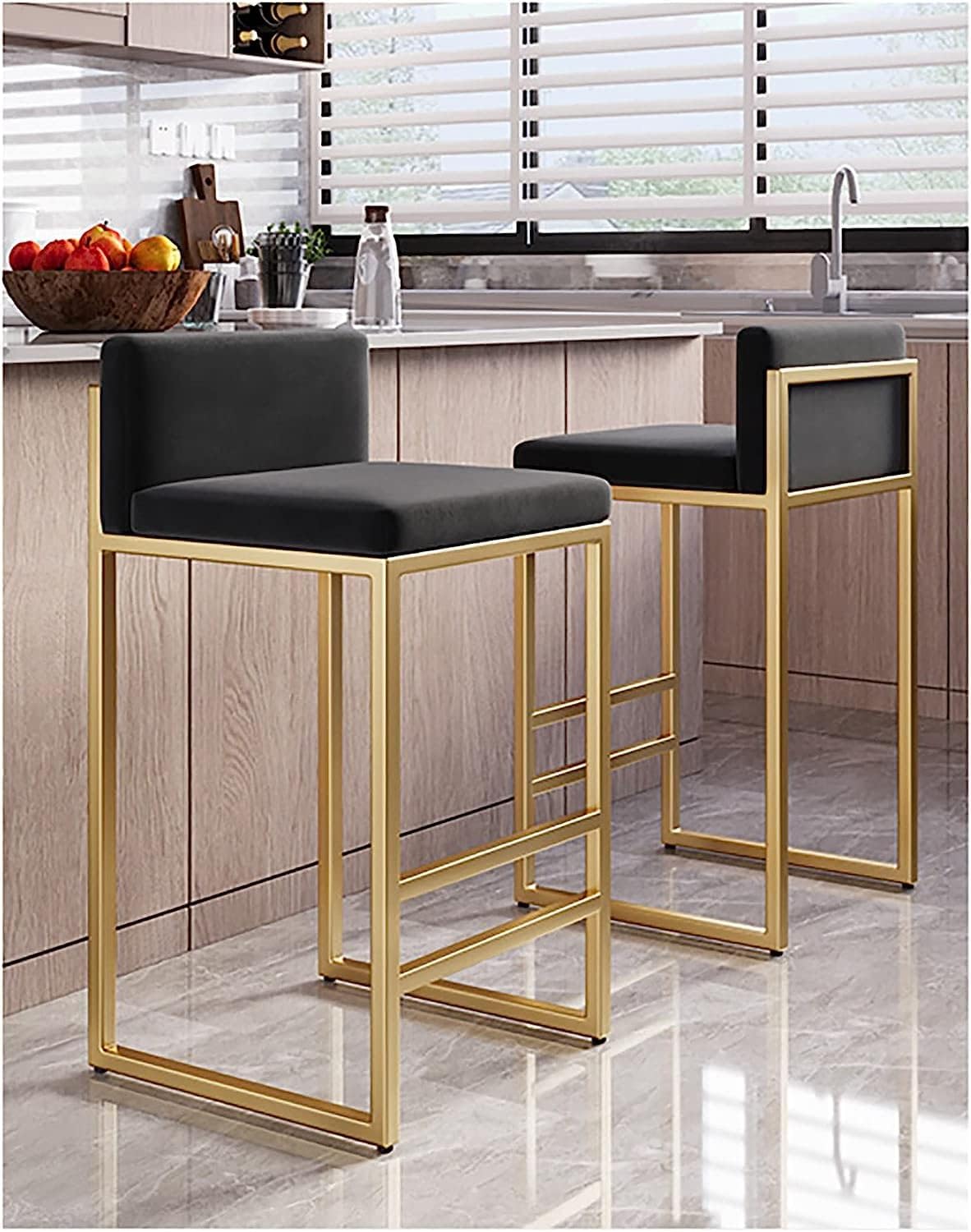 Bar Stools Set of 2 Black Velvet Upholstered Seat with Backrest & Gold ...