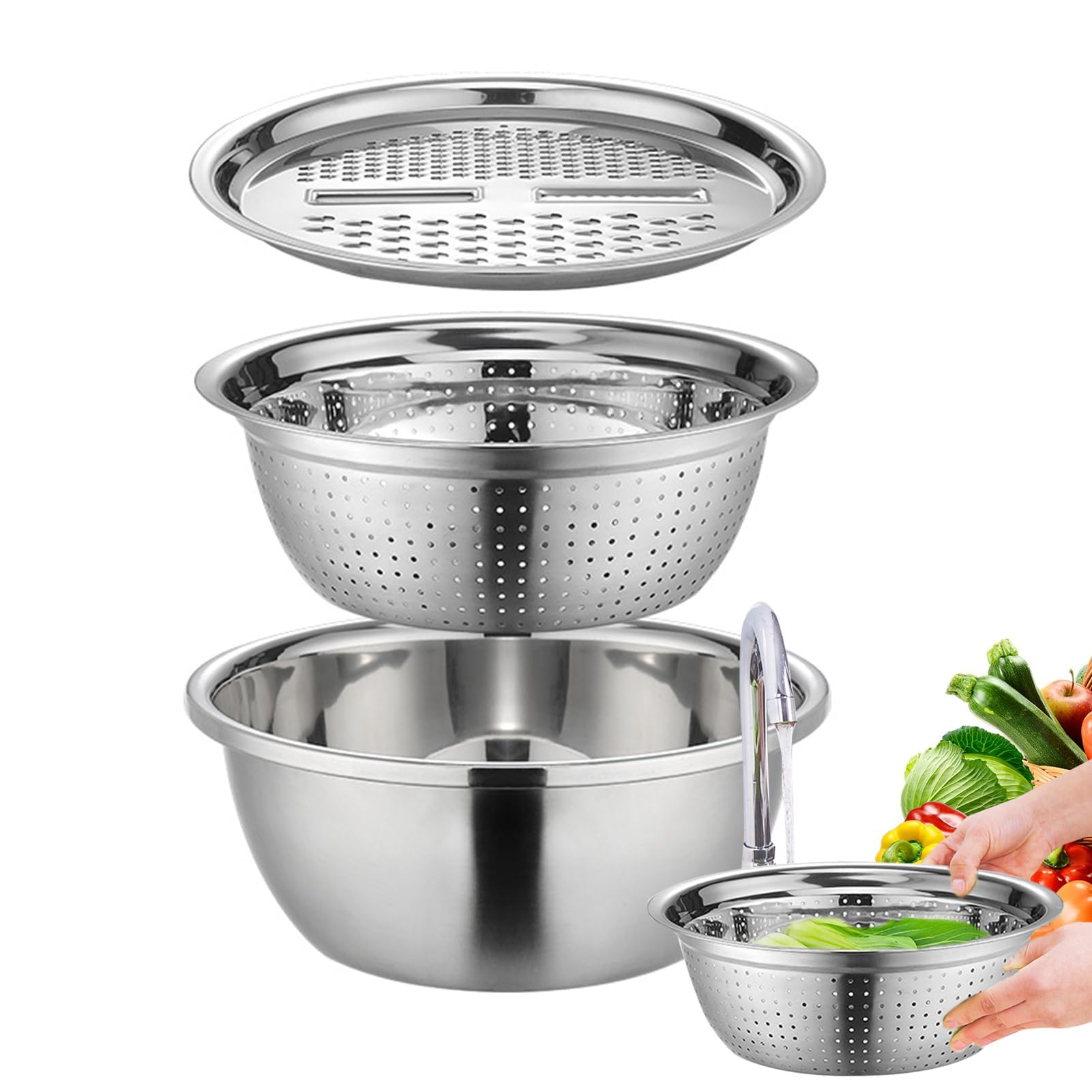 Bowls de Cocina, 3 en 1 Bowl Acero Inoxidable,26 cm Colador de Cocina ...