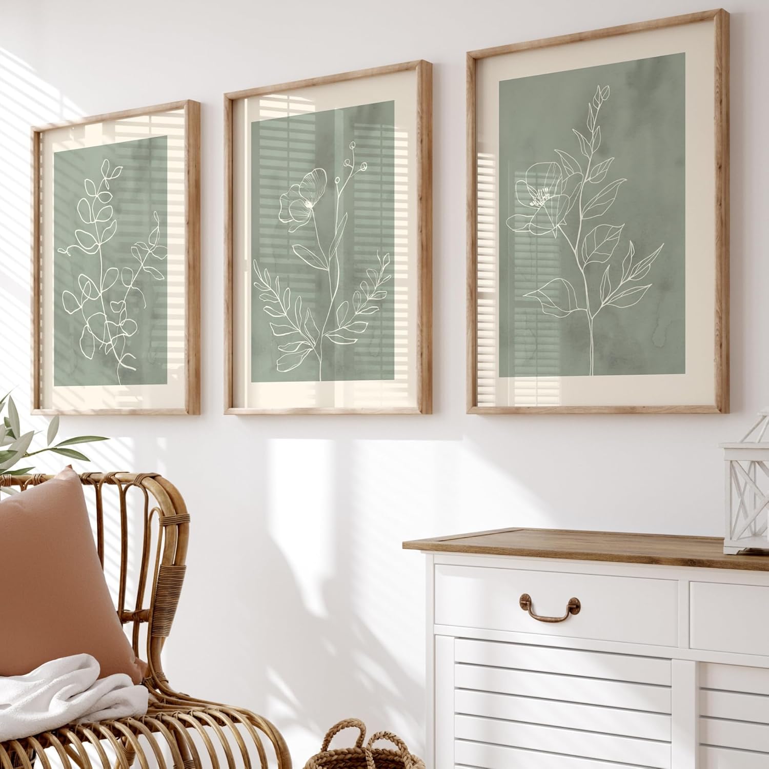 Set of 3 Botanical Prints, Sage Green Wall Art, Living Room Lounge ...