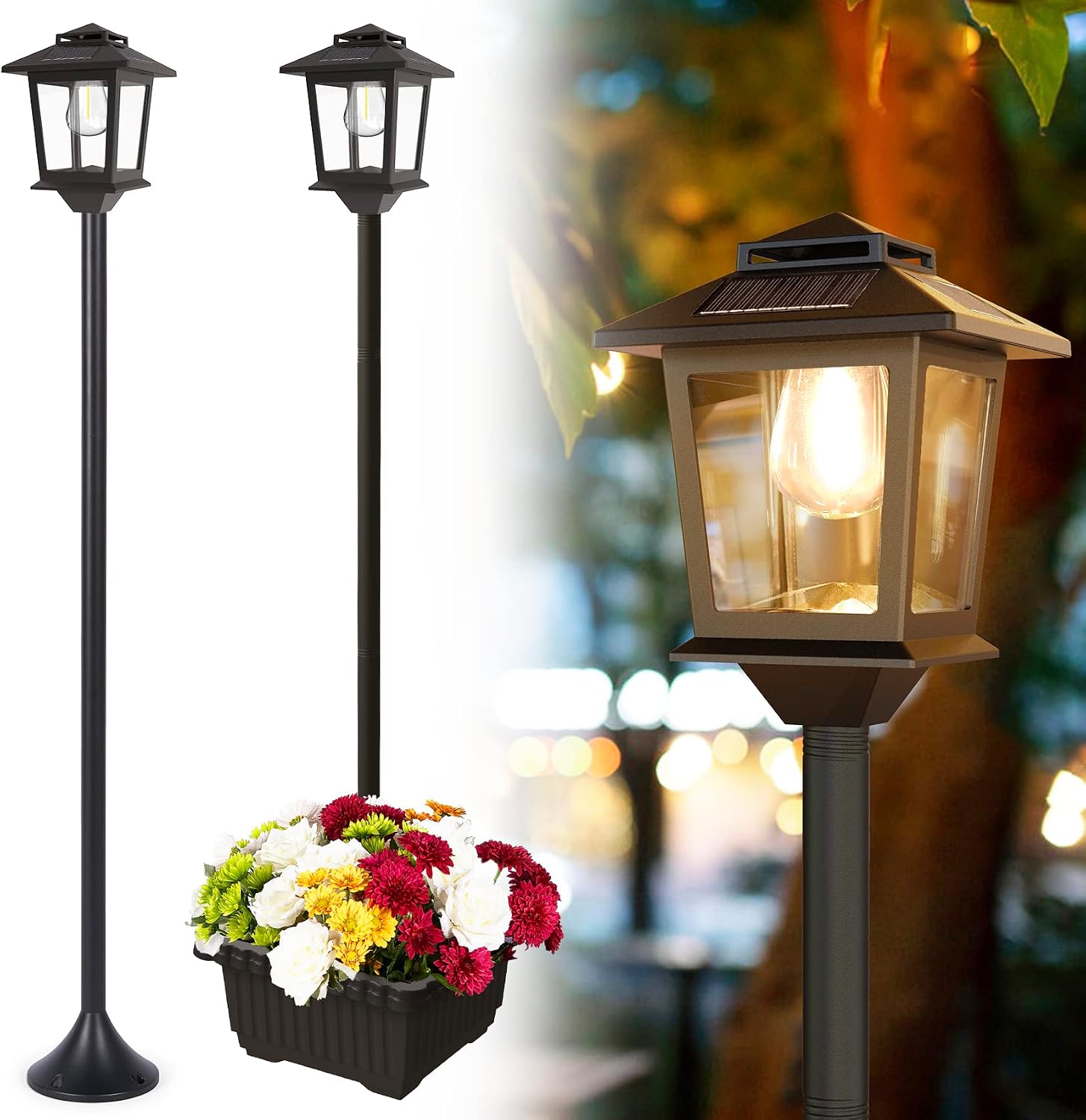 63" Solar Lamp Post Lights Outdoor with Planter, 2 in1 Aluminum Floor ...