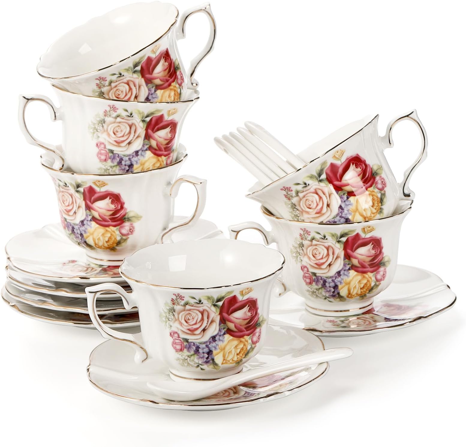 Amazon.com | BTaT- Tea Cups and Saucers Set of 6, Tea Set, Floral Tea Cups (8oz), Porcelain Tea ...