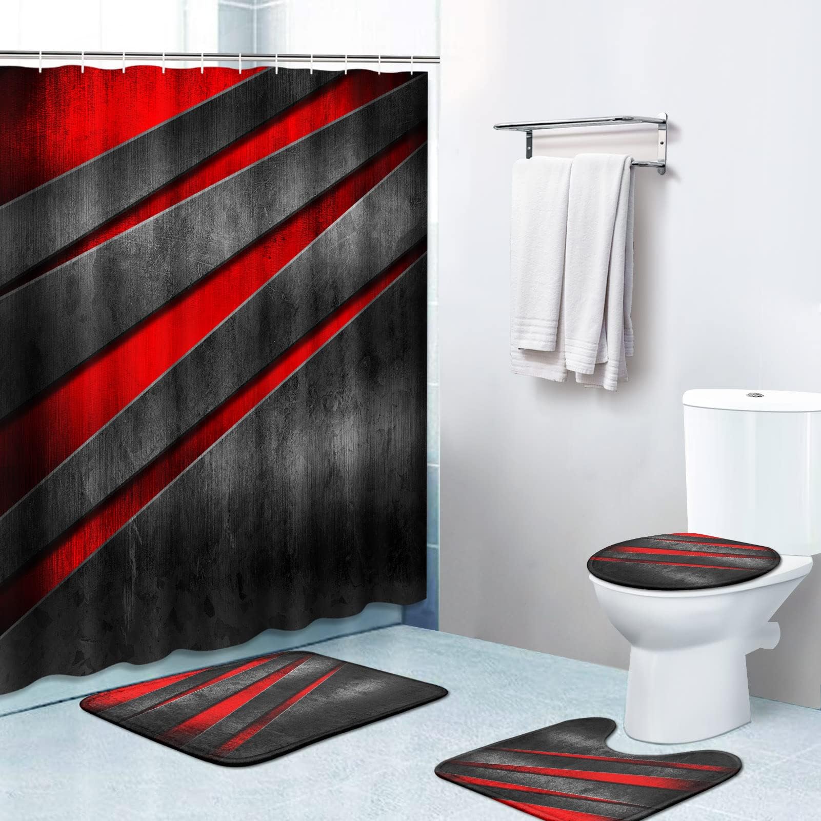 Amazon.com: Yddsky 4 Pcs Red and Black Shower Curtain Sets Non-Slip ...