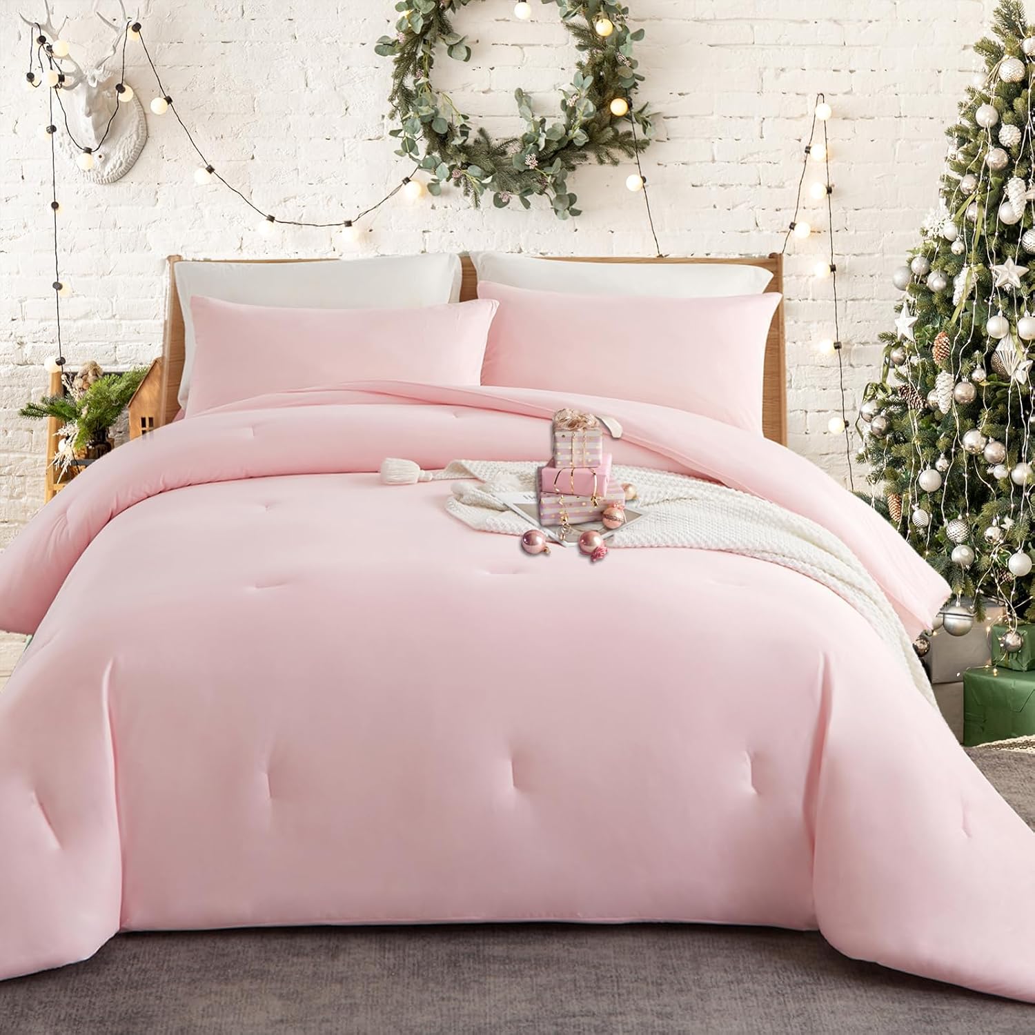 Amazon.com: MorroMorn Pink Comforter Set Twin, 4 PCS Bed in a Bag for ...