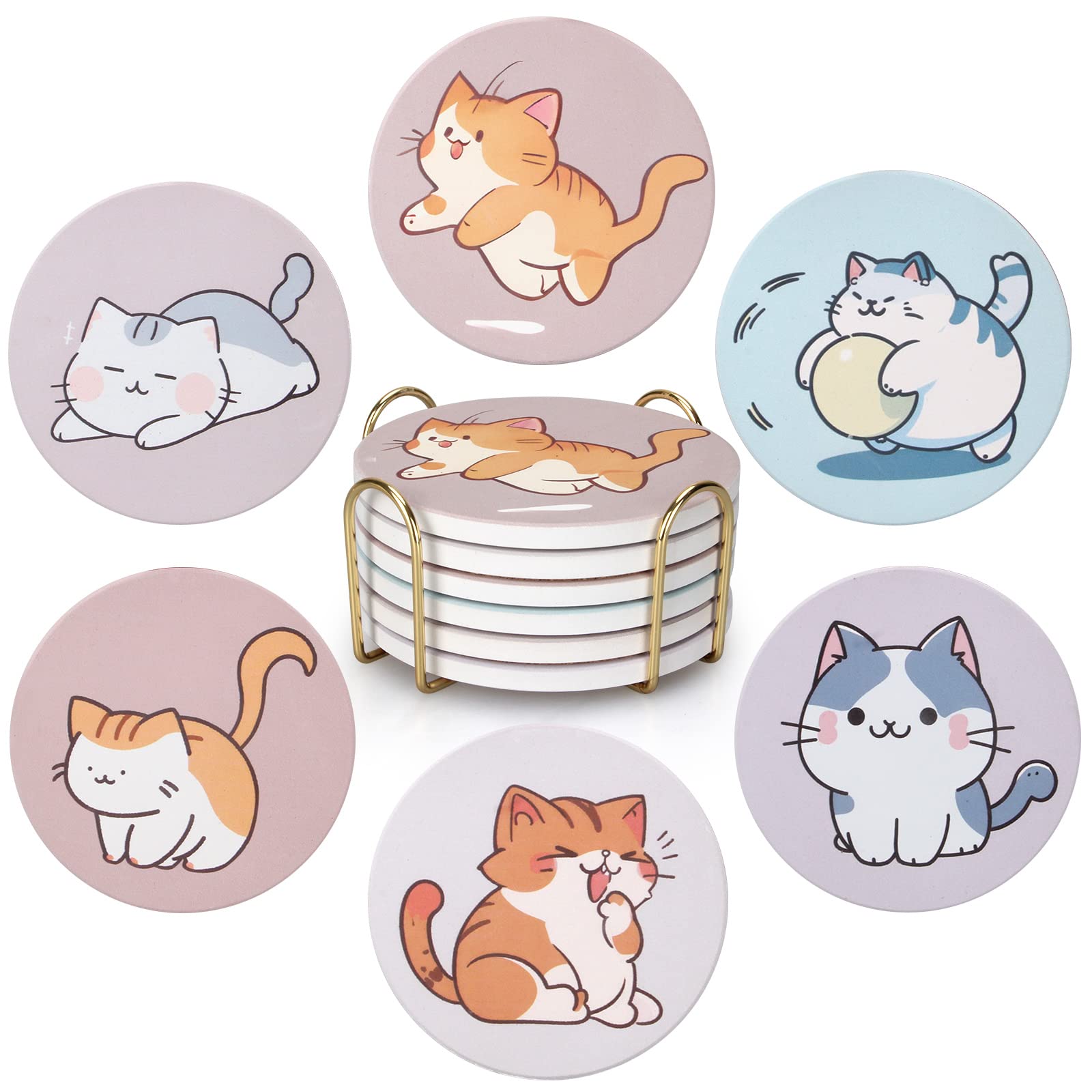Amazon.com: Cute Coasters Set of 6 Cat Lover Gift Coasters with Holder ...