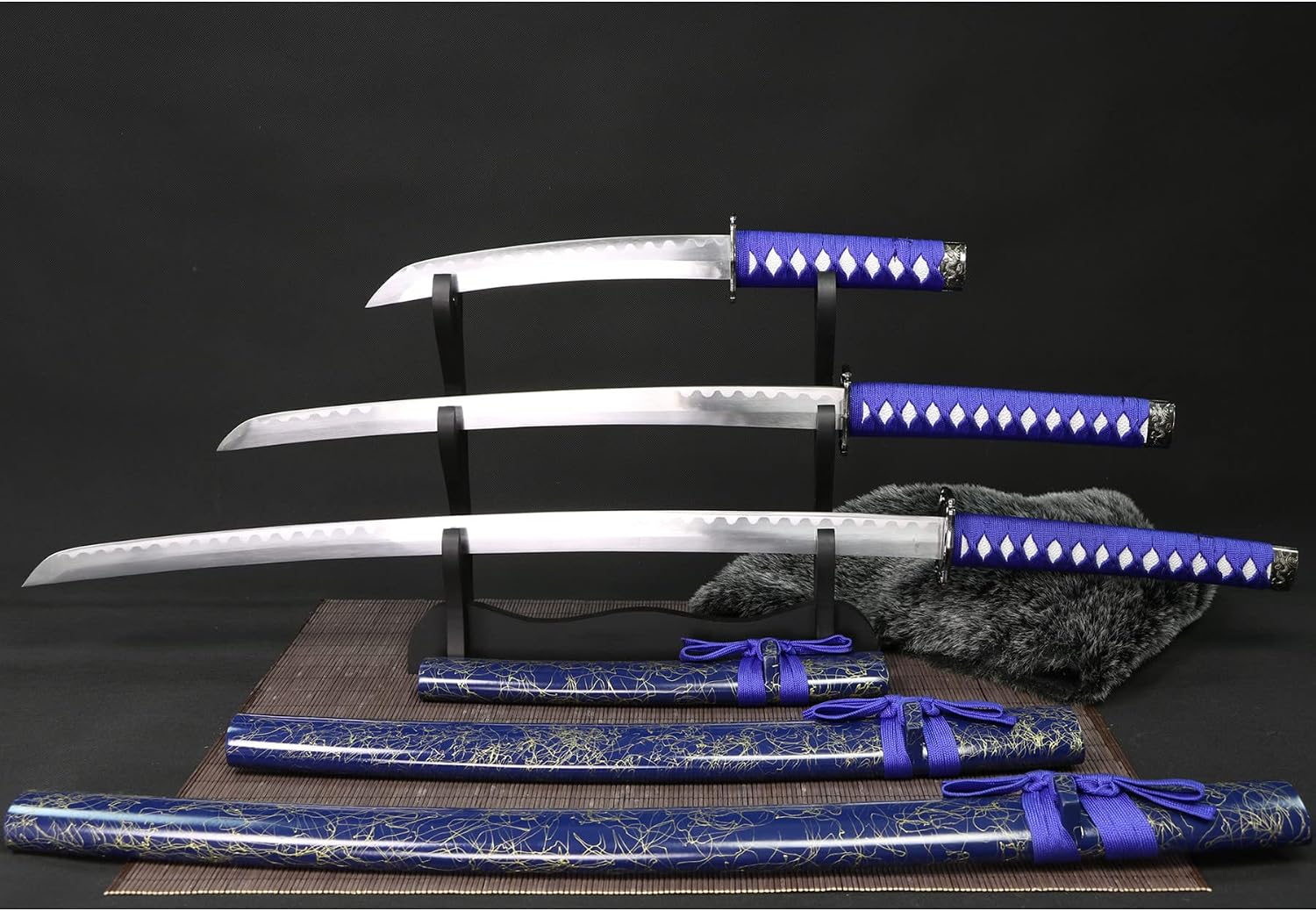 LQSLFsword 3-Piece Katana Sword Set, Free Knife Holder Blue Real Katana ...