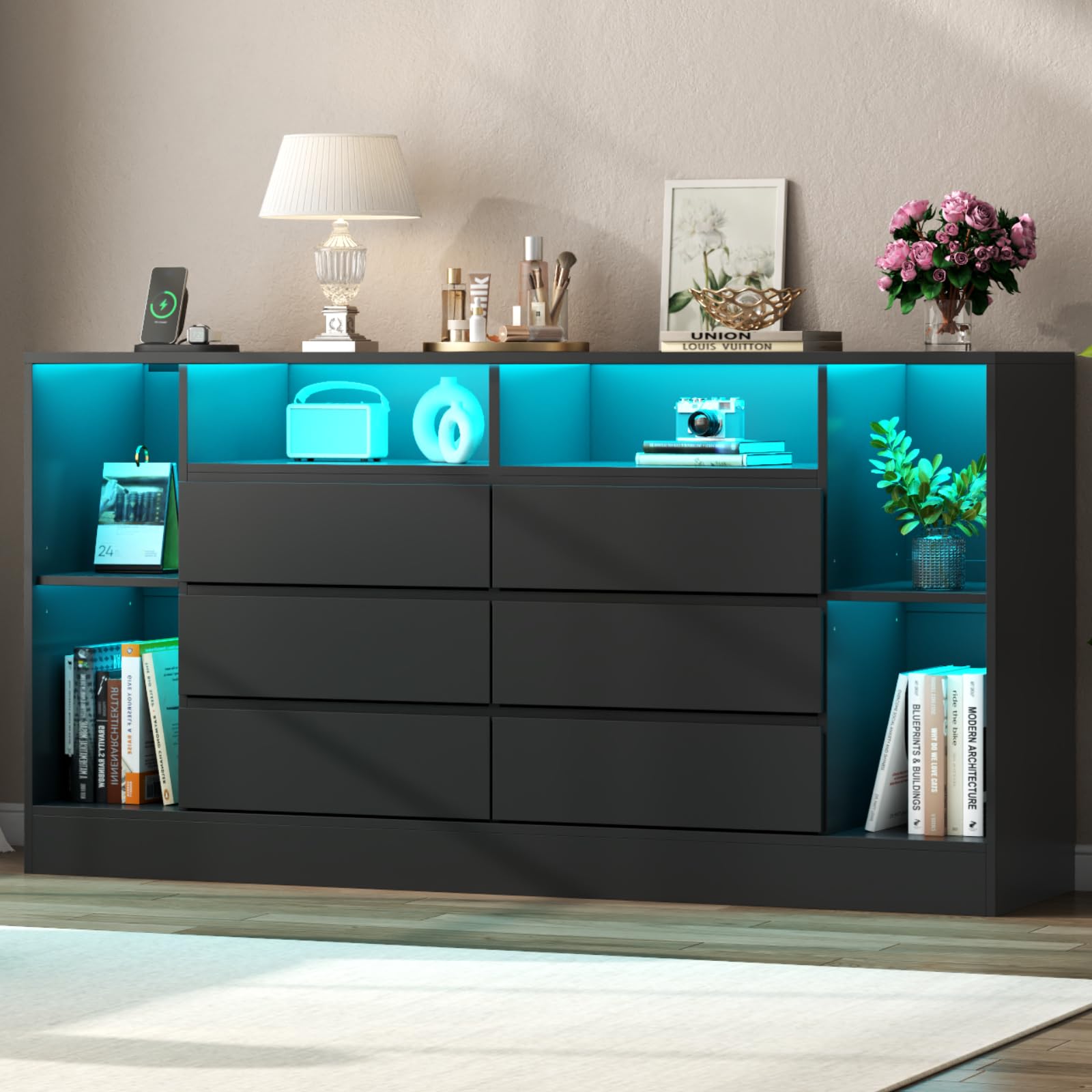 Amazon.com: Loomie 6 Drawers Dresser with 6 Open Storage Cubbies, LED ...
