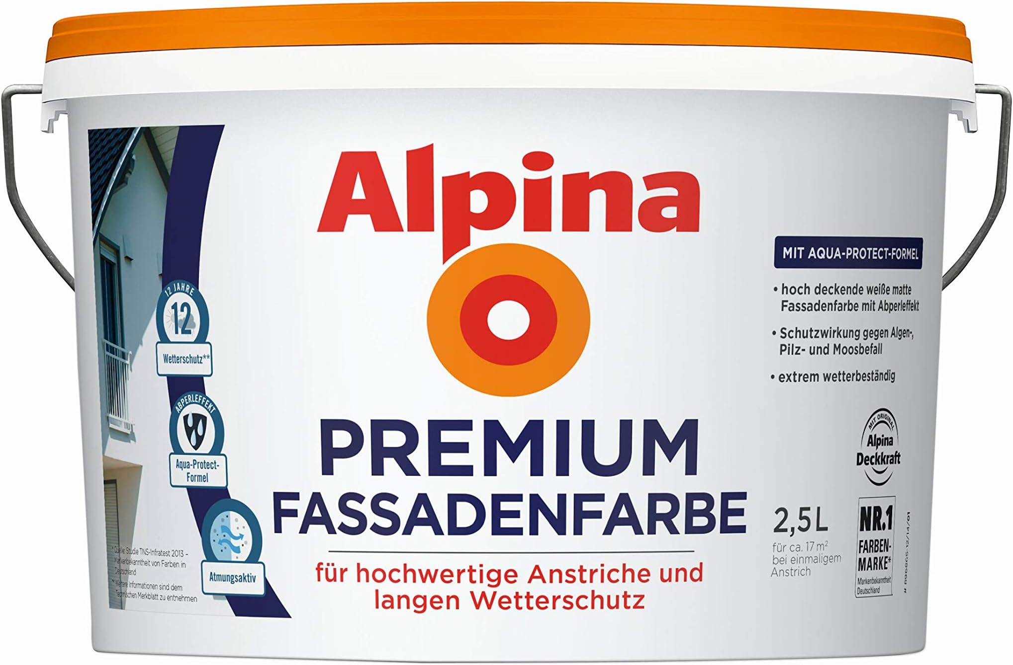 Alpina Premium Fassadenfarbe – weiß, matt – hochwertige Aussenfarbe mit ...