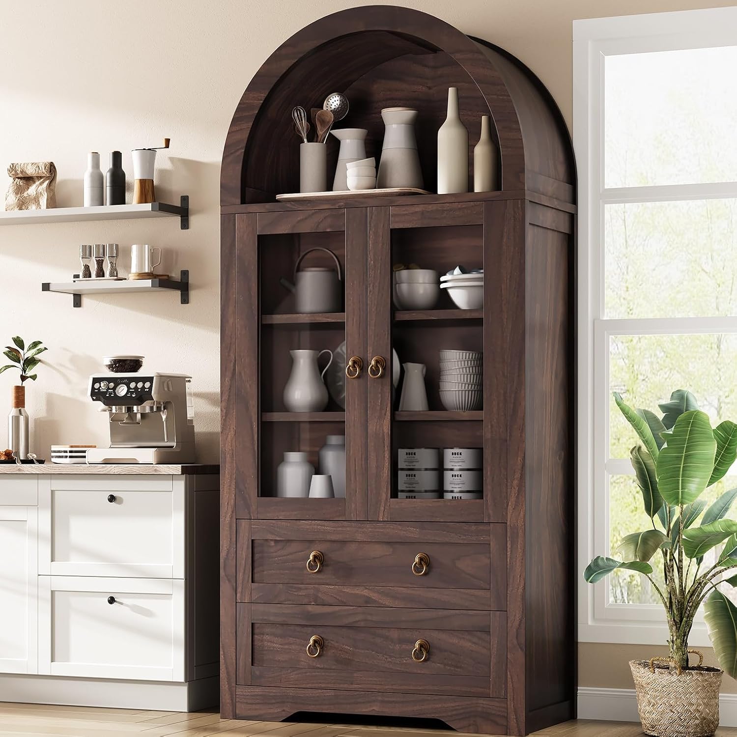 Amazon.com: Jocoevol Kitchen Pantry Cabinet, Arched Bookshelf Bookcase ...