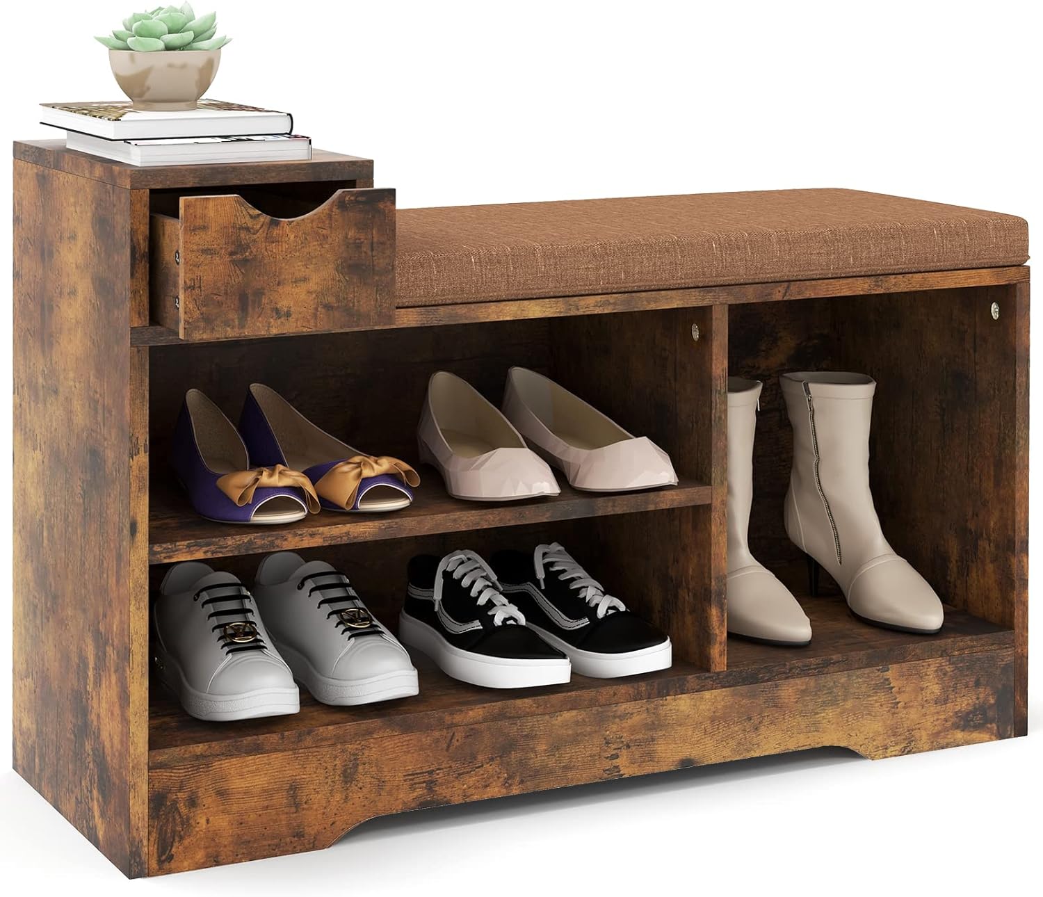 Amazon.com: Tangkula Shoe Bench with Cushion & 3 Compartments, Entryway ...