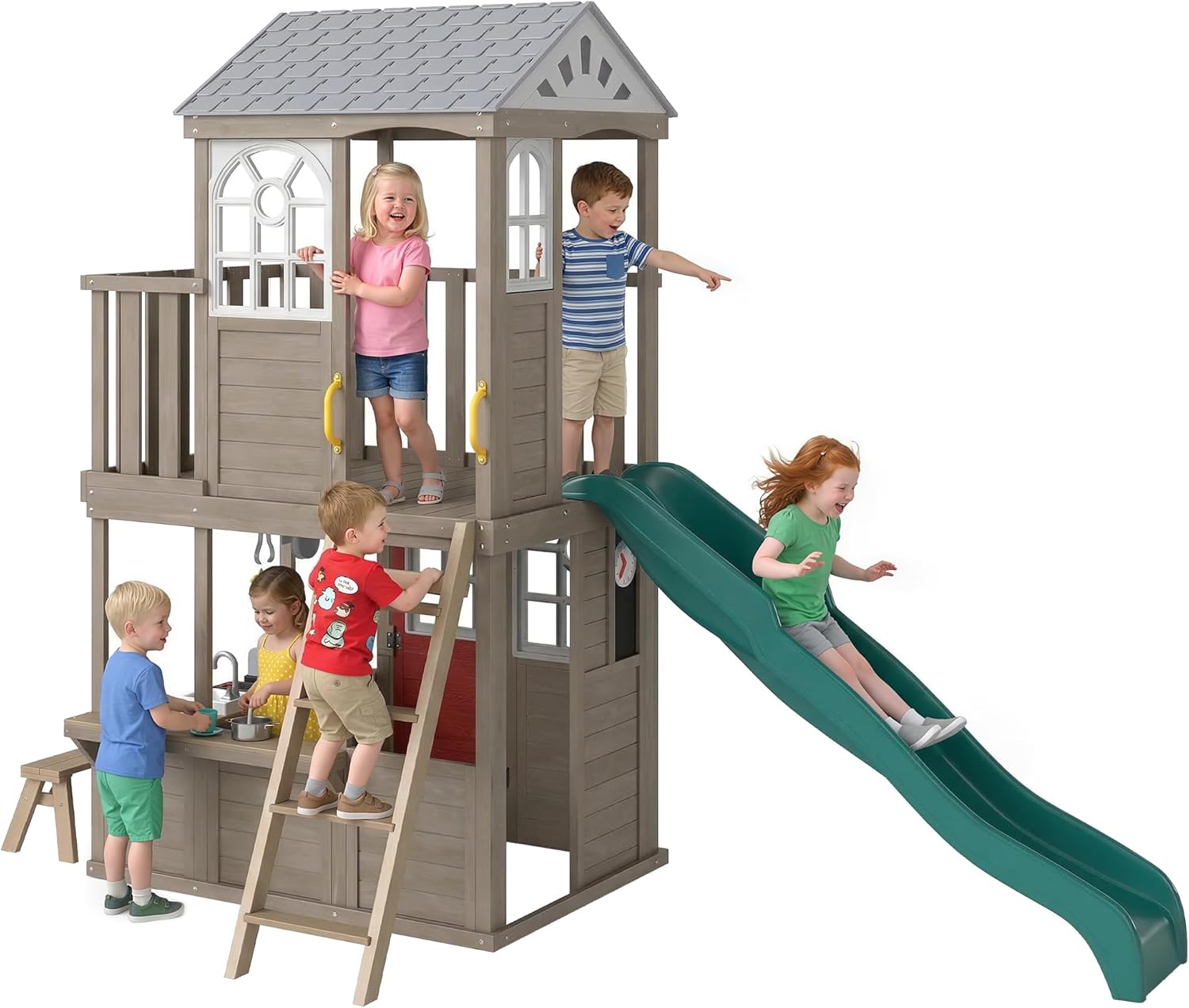 Amazon.com: Qaba Two-Story Outdoor Playhouse for Kids, Wooden Kids ...
