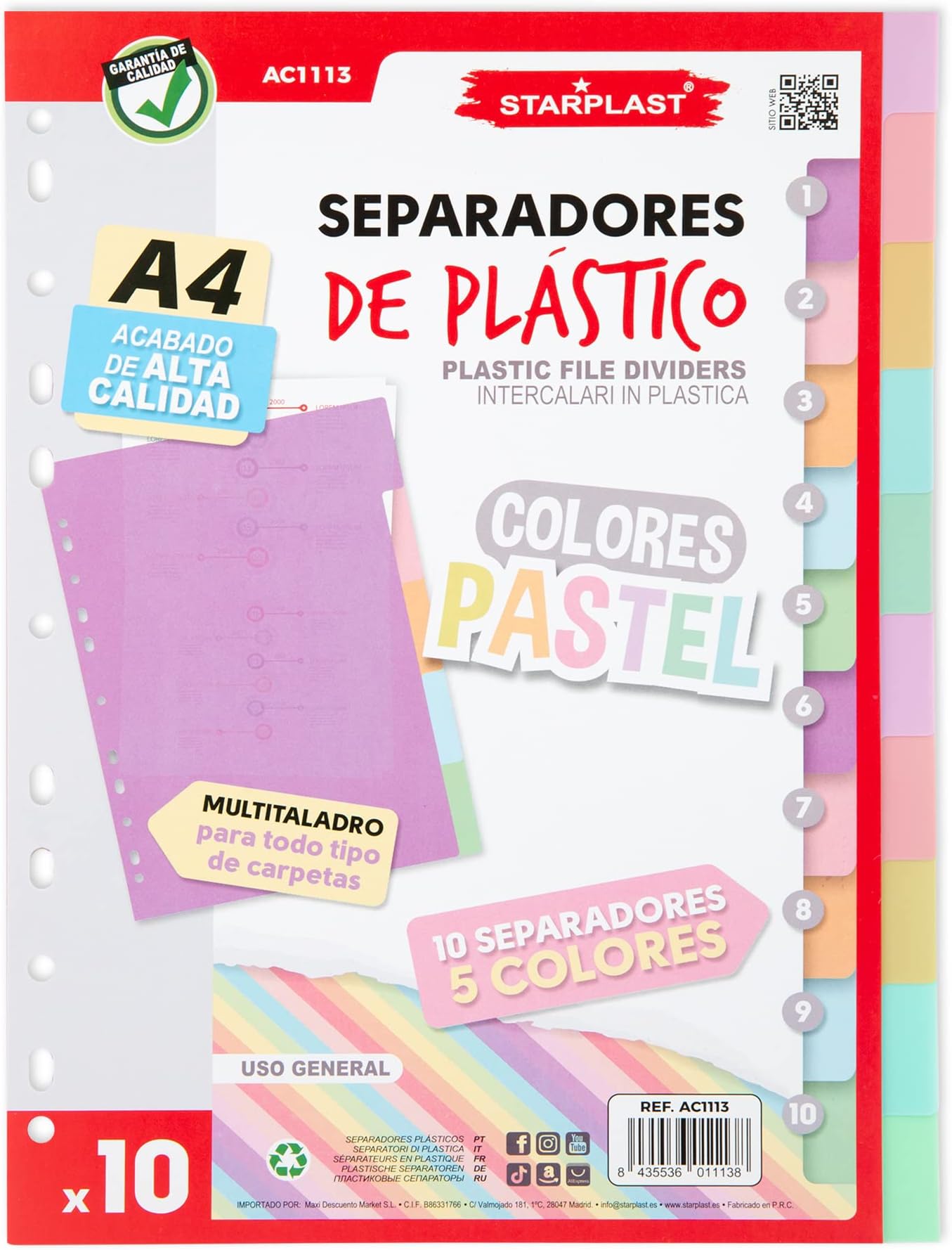 Starplast Pack of 10 File Dividers, Pastel Dividers for Binders with 2 ...