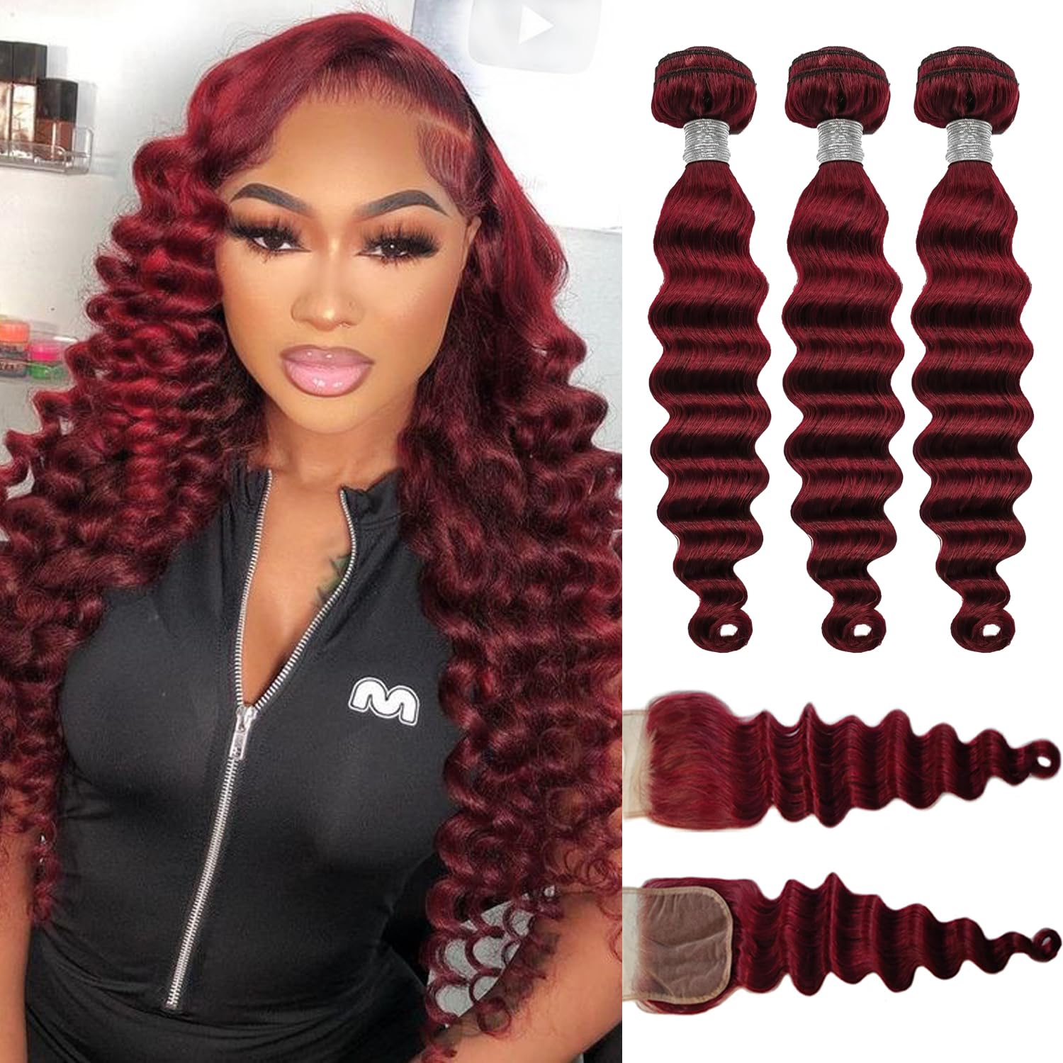 Amazon.com : Closure with Bundles Human Hair Loose Deep Wave Burgundy ...