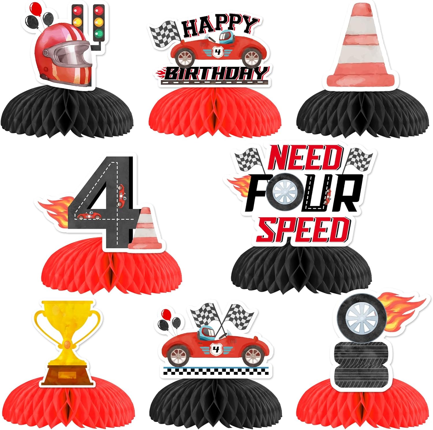 Amazon.com: Race Car 4th Birthday Party Decorations - 8PCS Need Four ...
