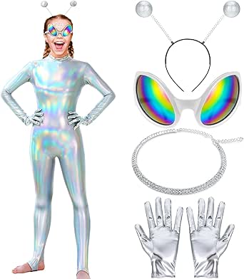 Amazon.com: Xtinmee 6 Pcs Halloween Alien Costume Set Metallic Jumpsuit ...