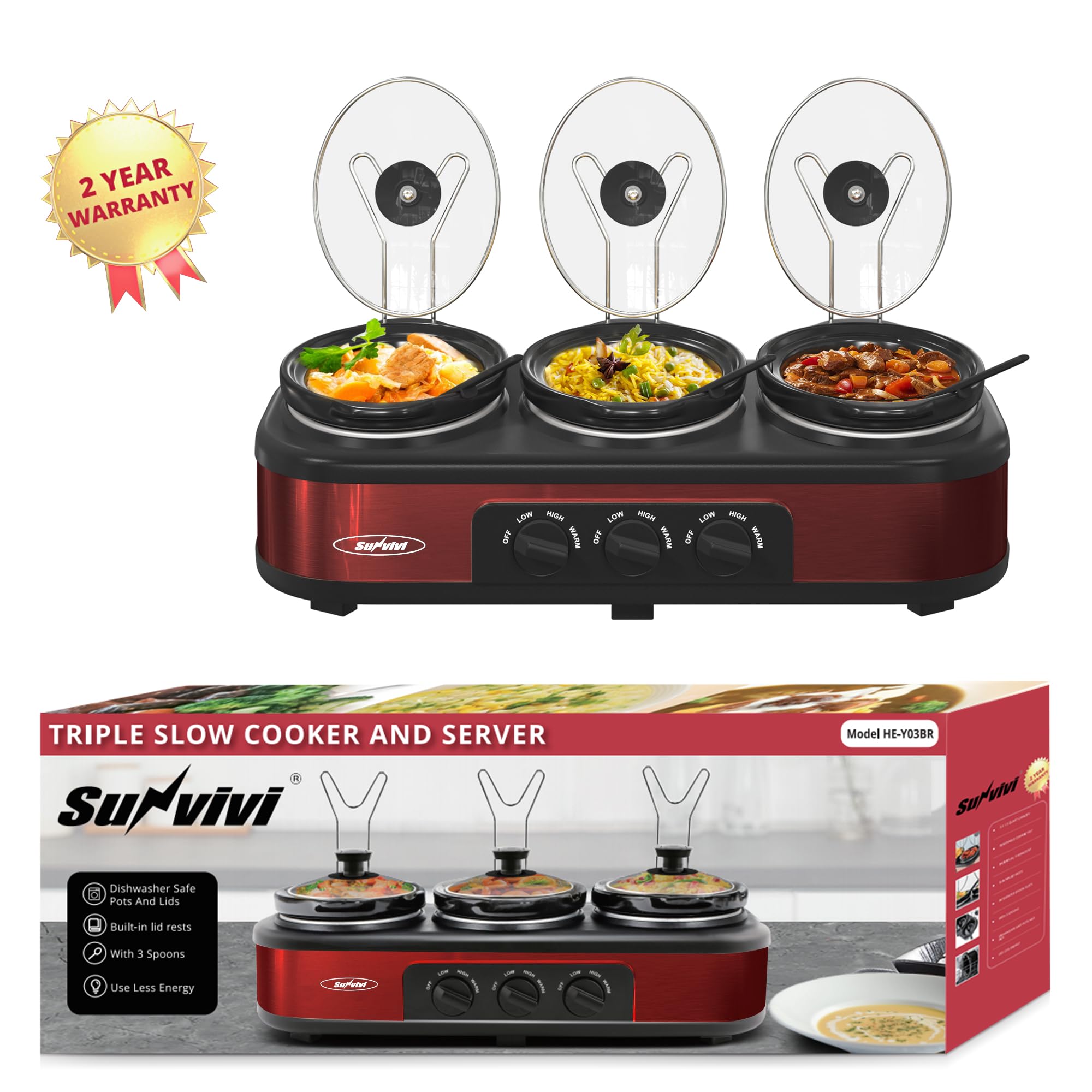 Sunvivi Triple Slow Cooker Buffet Servers and Warmer,3 Pot Food Small ...