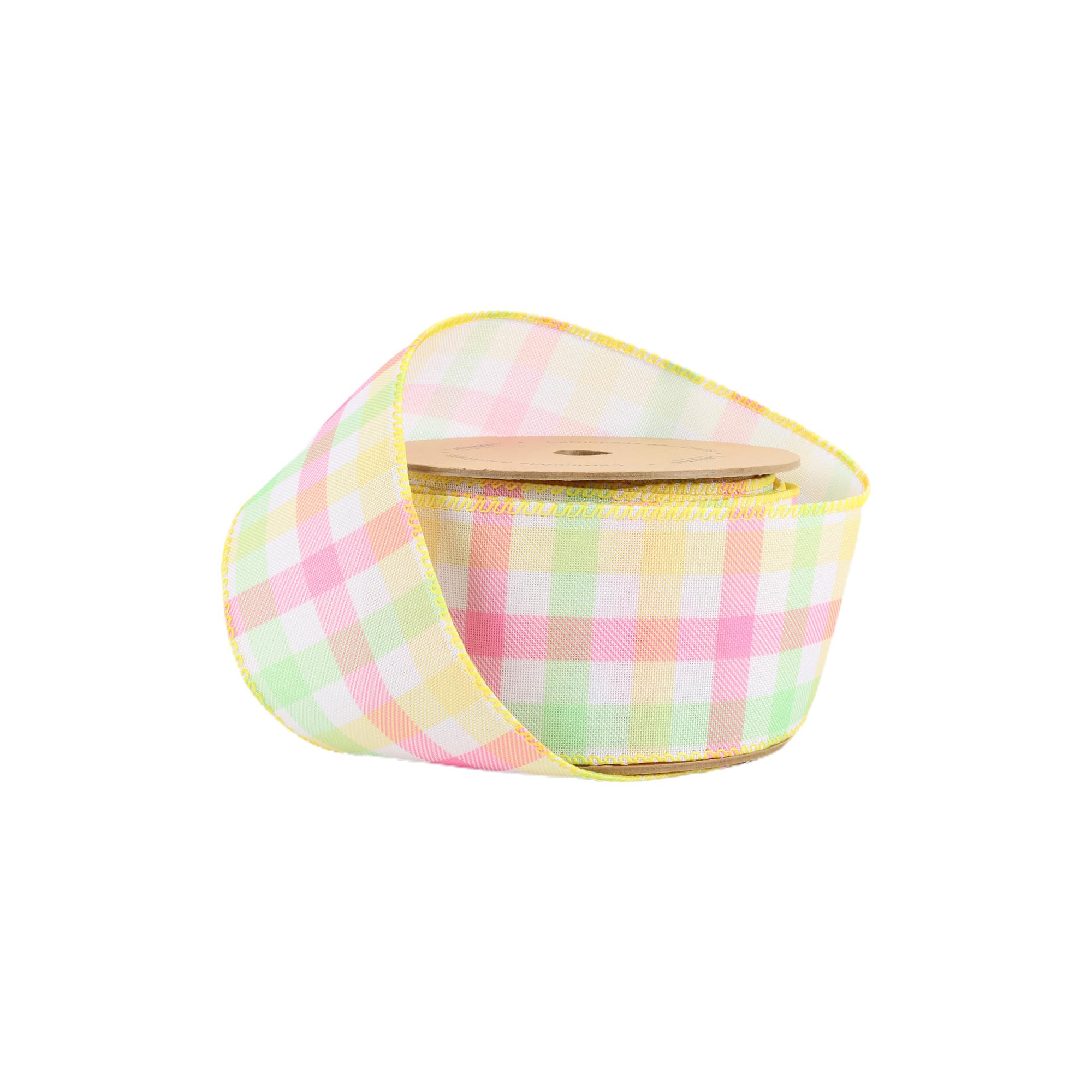 Amazon.com: LaRibbons Wired Ribbon White Pastel Plaid Green Yellow Pink ...