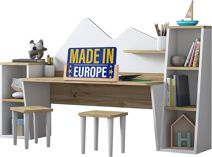 Amazon.com: LAWA FURNITURE Kid's Study Desk with Bookshelf + 2 Stools ...