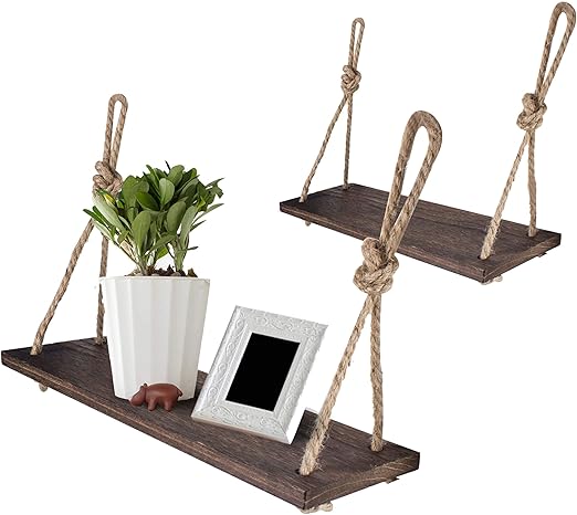 Amazon.com: Yankario Rope Hanging Floating Shelves, Rustic Wood Wall ...