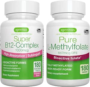 Amazon.com: Super B12-Complex 1000mcg + Pure Folate 400mcg Vegan Bundle ...
