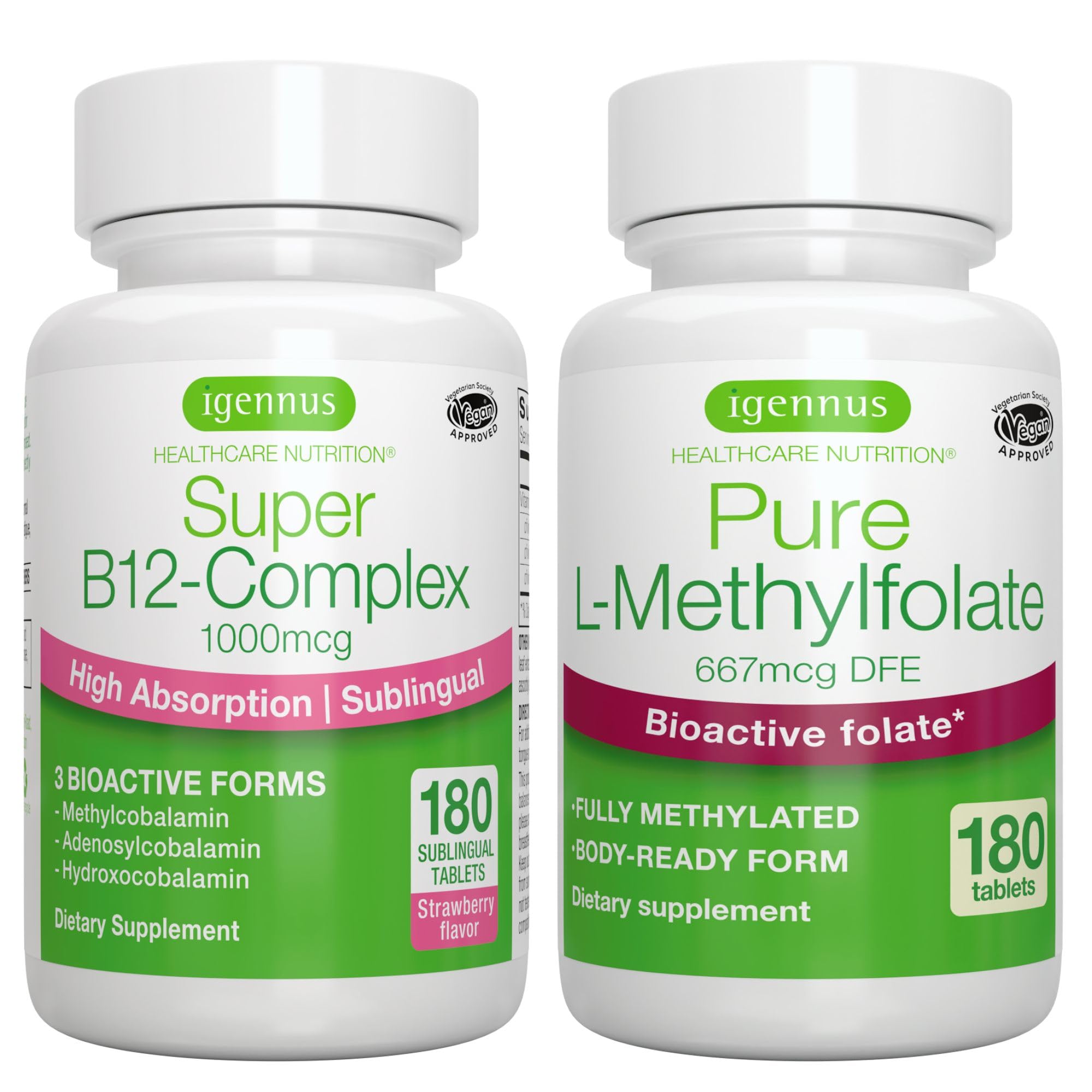 Amazon.com: Super B12-Complex 1000mcg + Pure Folate 400mcg Vegan Bundle ...