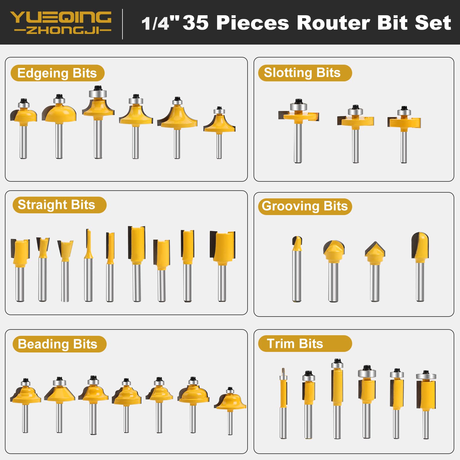 Yueqing Zhongji Router Bit Set of 35 Pieces Router bits 1/4 Inch Shank ...