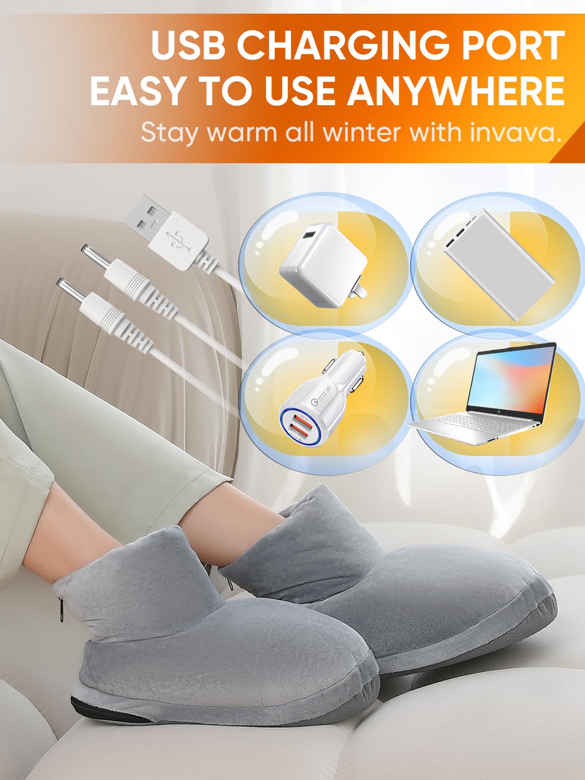 invava Electric Heated Slippers USB Heated Booties Foot Warmer Under ...