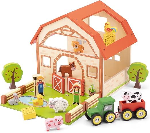 Woet® Wooden Toy Farm House Playset for Kids - Farm Animals and ...