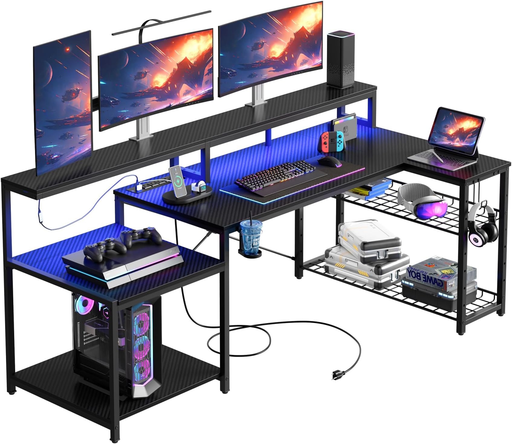Amazon.com: Bestier Gaming Desk with Power Outlet, L Shaped Corner Desk ...