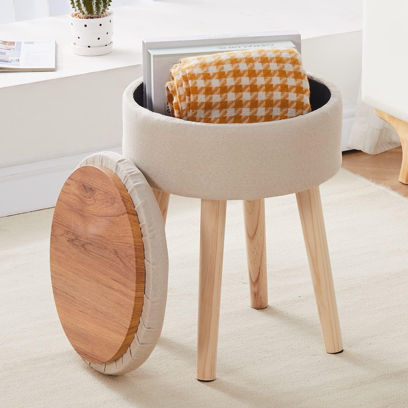 Amazon.com: Mxfurhawa Storage Ottoman Linen Round Vanity Stool Tray Top ...