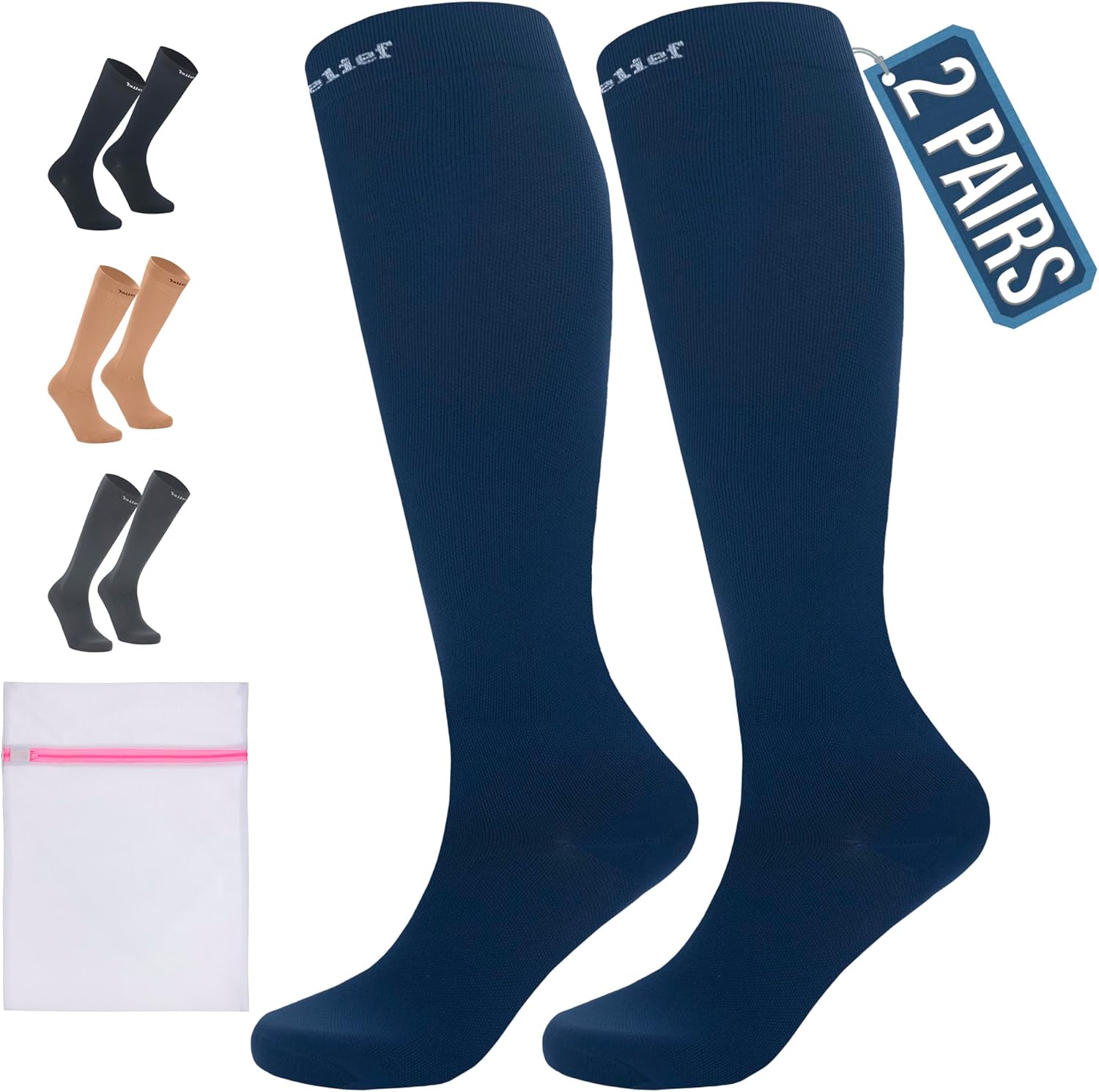 360 RELIEF 2 Pairs Compression Socks for Women & Men - 15-20 mmHg ...