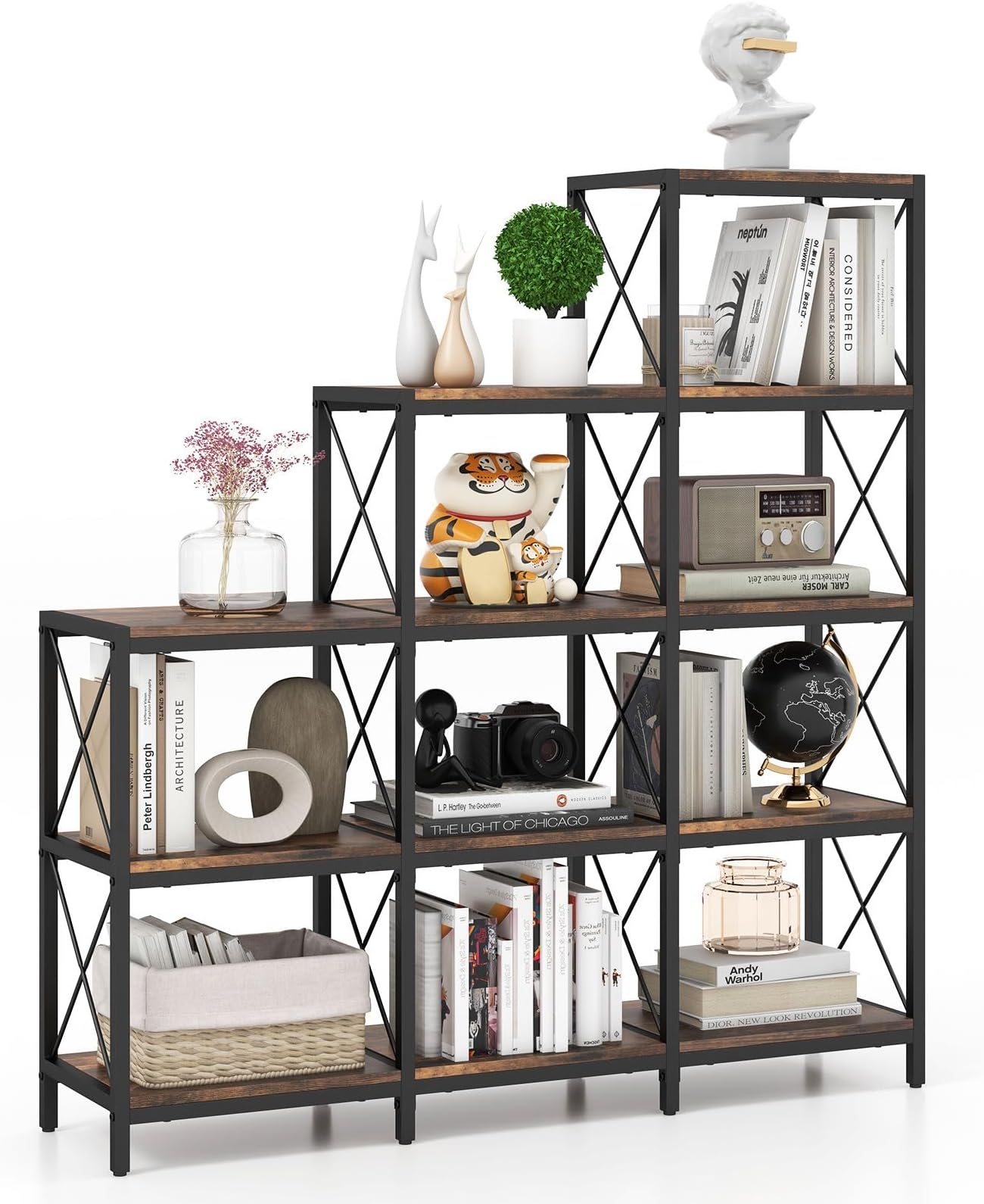 CASART 4 Tier Industrial Bookshelf, 9 Cube Storage Unit Wooden Bookcase ...