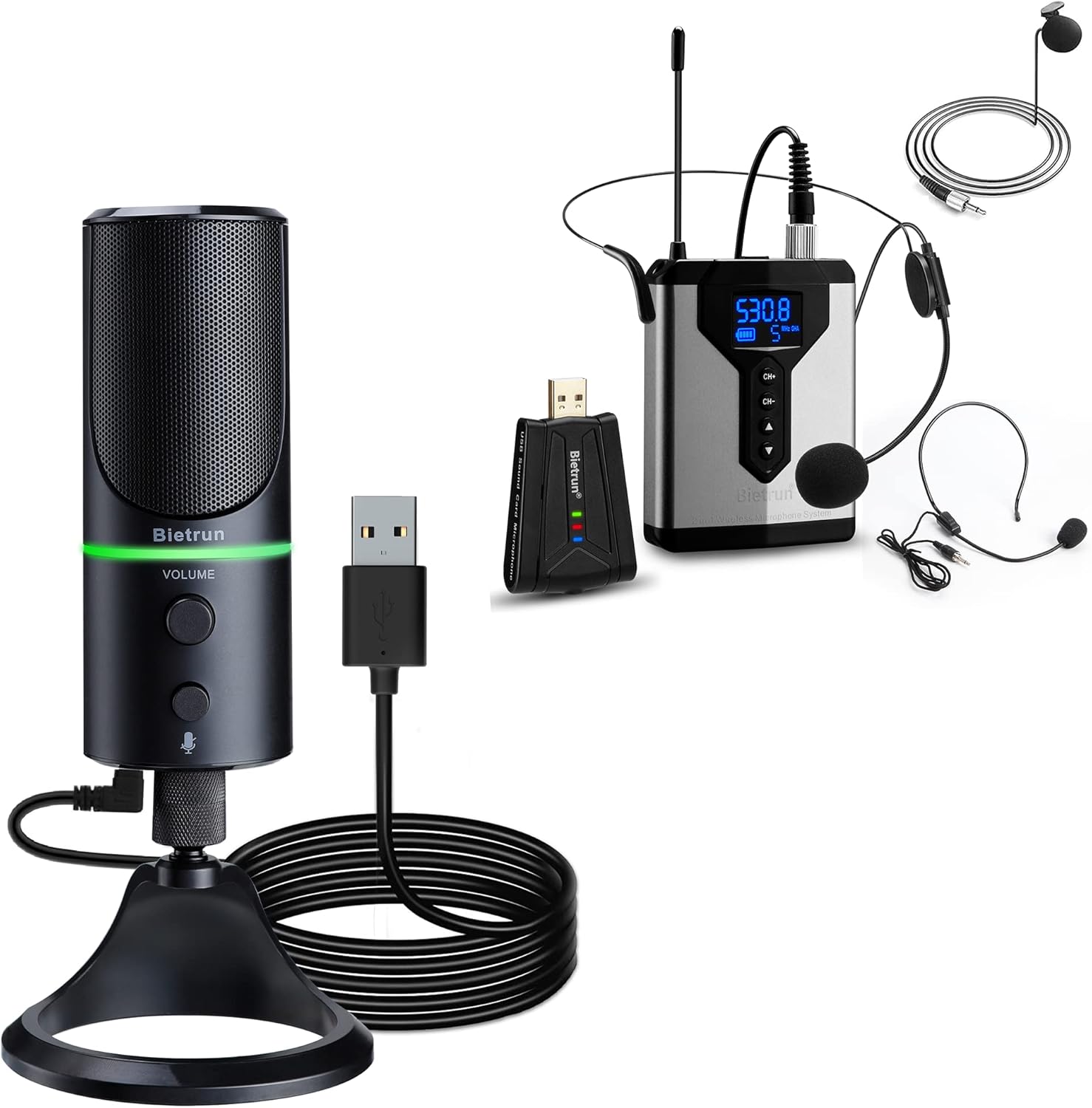 Amazon.com: Bietrun USB Wireless Microphone System and Wired Microphone ...