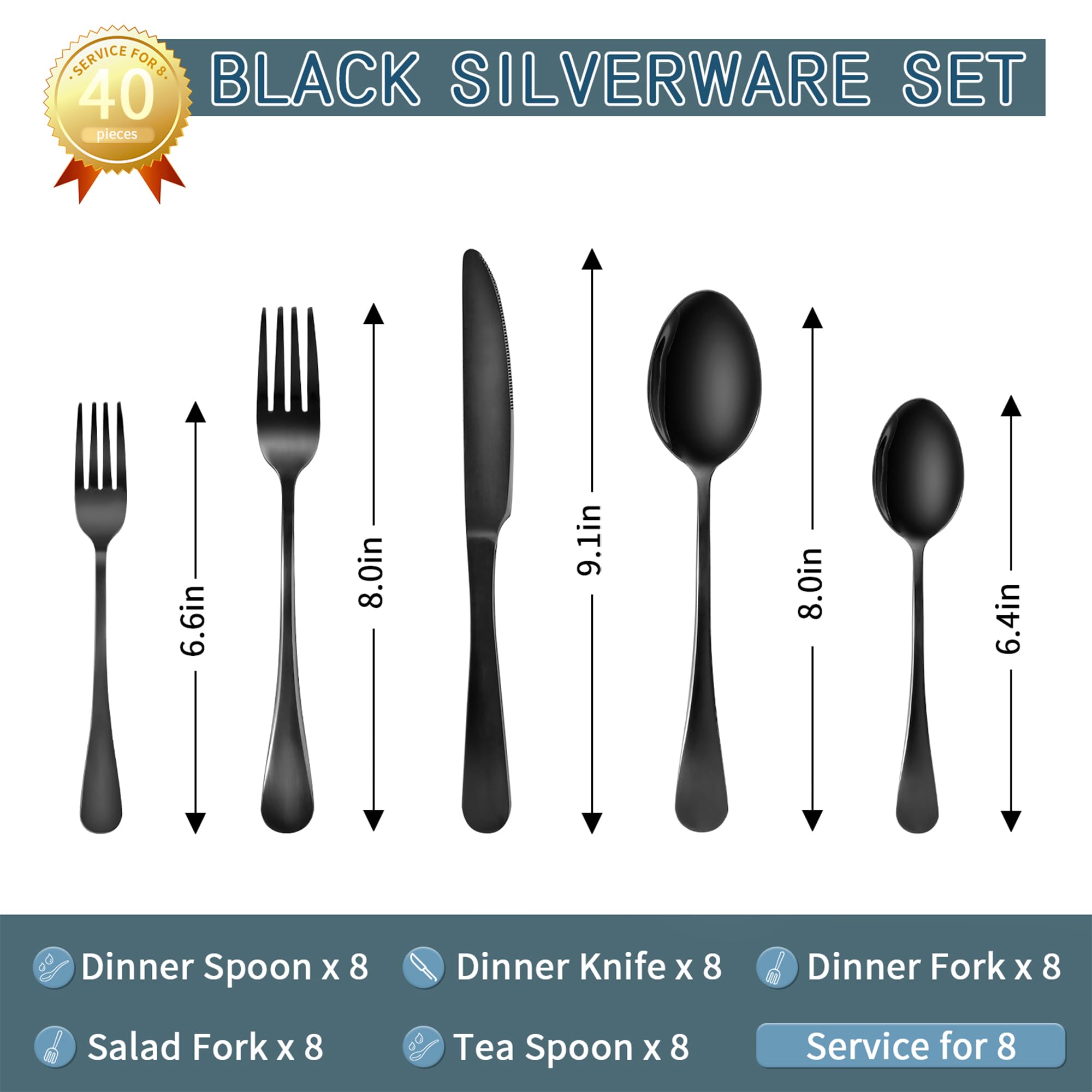 Snapklik.com : 40 Piece Black Silverware Set, Black Flatware Set For 8 ...