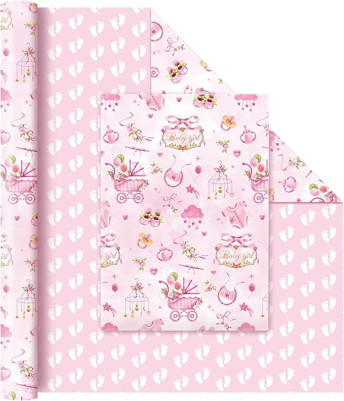 Amazon.com: WERNNSAI Baby Girl Wrapping Paper - 1 Roll 17” x 33 ft Baby ...