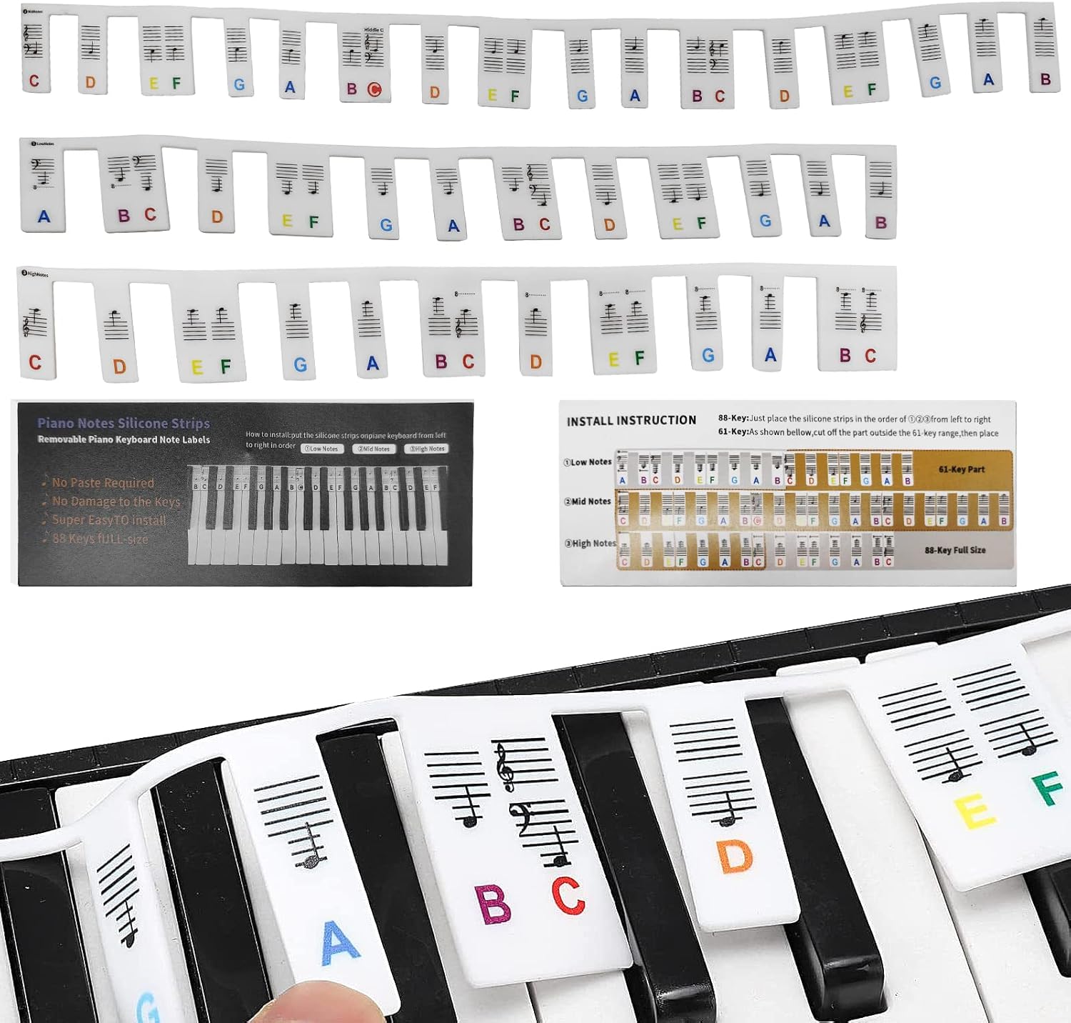 Amazon.com: Pacify Removable Piano Keyboard Stickers 61 & 88 Key Full ...