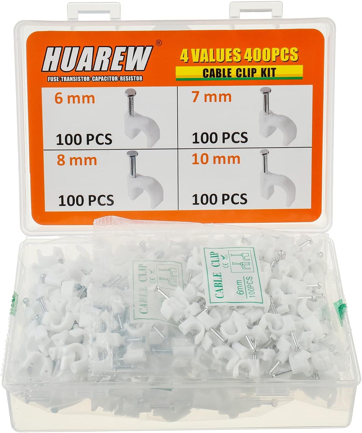 Amazon.com: HUAREW 4 Sizes 400 Pcs White Plastic Steel Nail Cable Clips ...