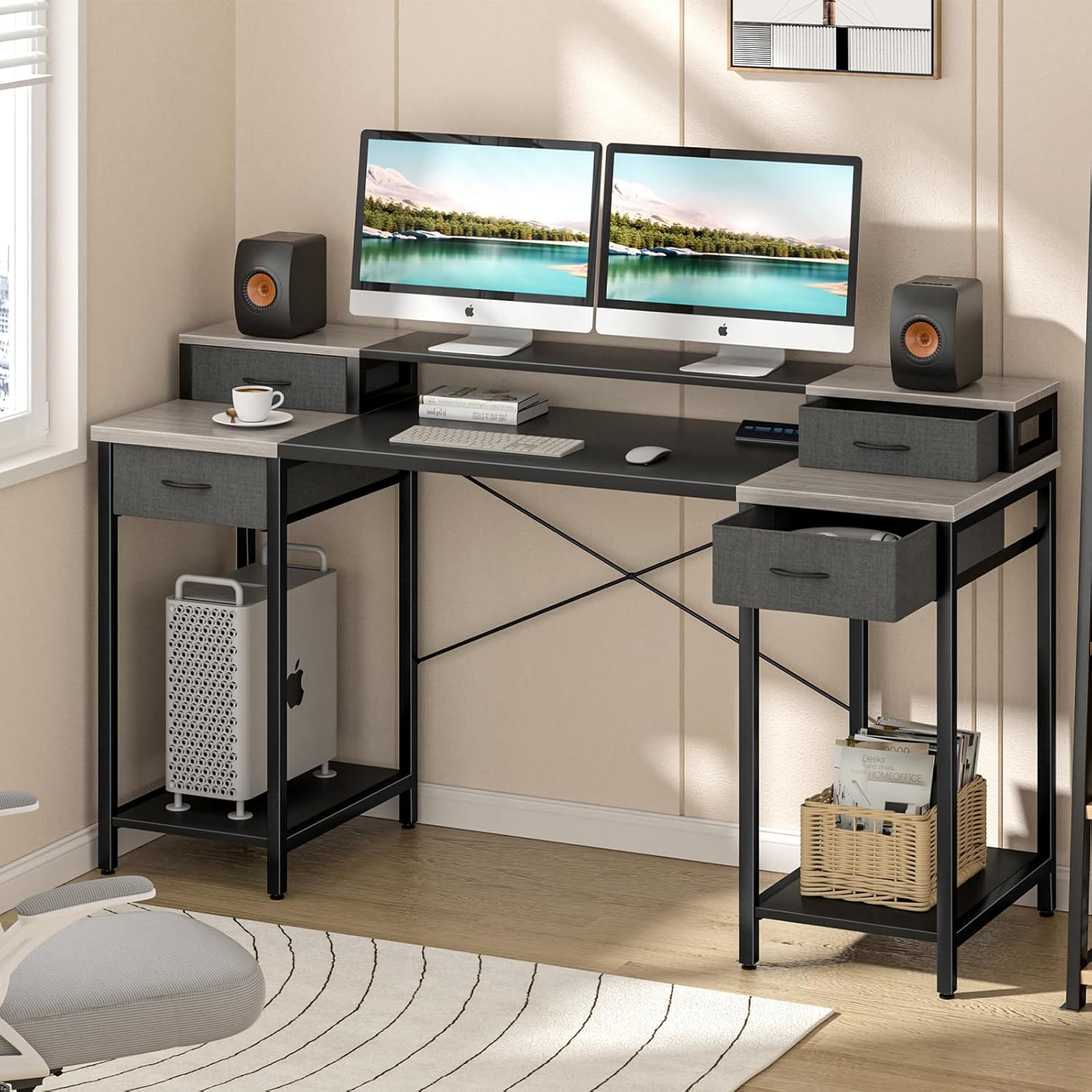 YAOHUOO Computer Desk with Drawers and Monitor Stand, 63" Office Desk ...