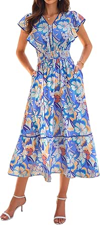 GRACE KARIN Women Summer A-line Maxi Dress Ladies Casual Floral V Neck ...