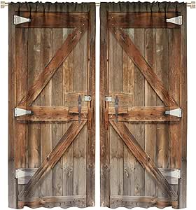 LOMADIA Rustic Barn Door Window Curtains,Retro Farmhouse Vintage Brown Wooden Barn Door Pattern ...