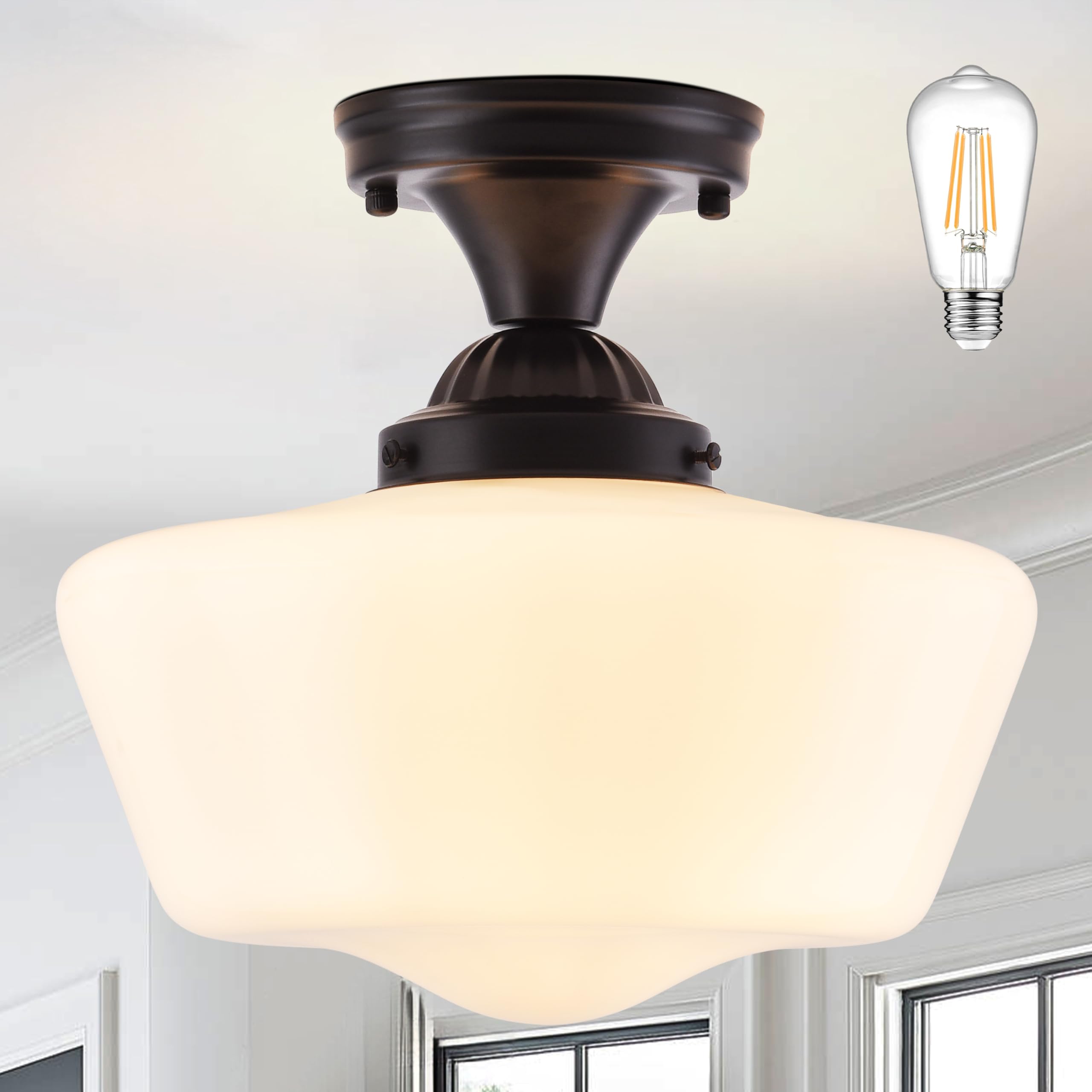 Bagood 12" Milk Glass Light Fixture Schoolhouse Light Fixture Mid ...