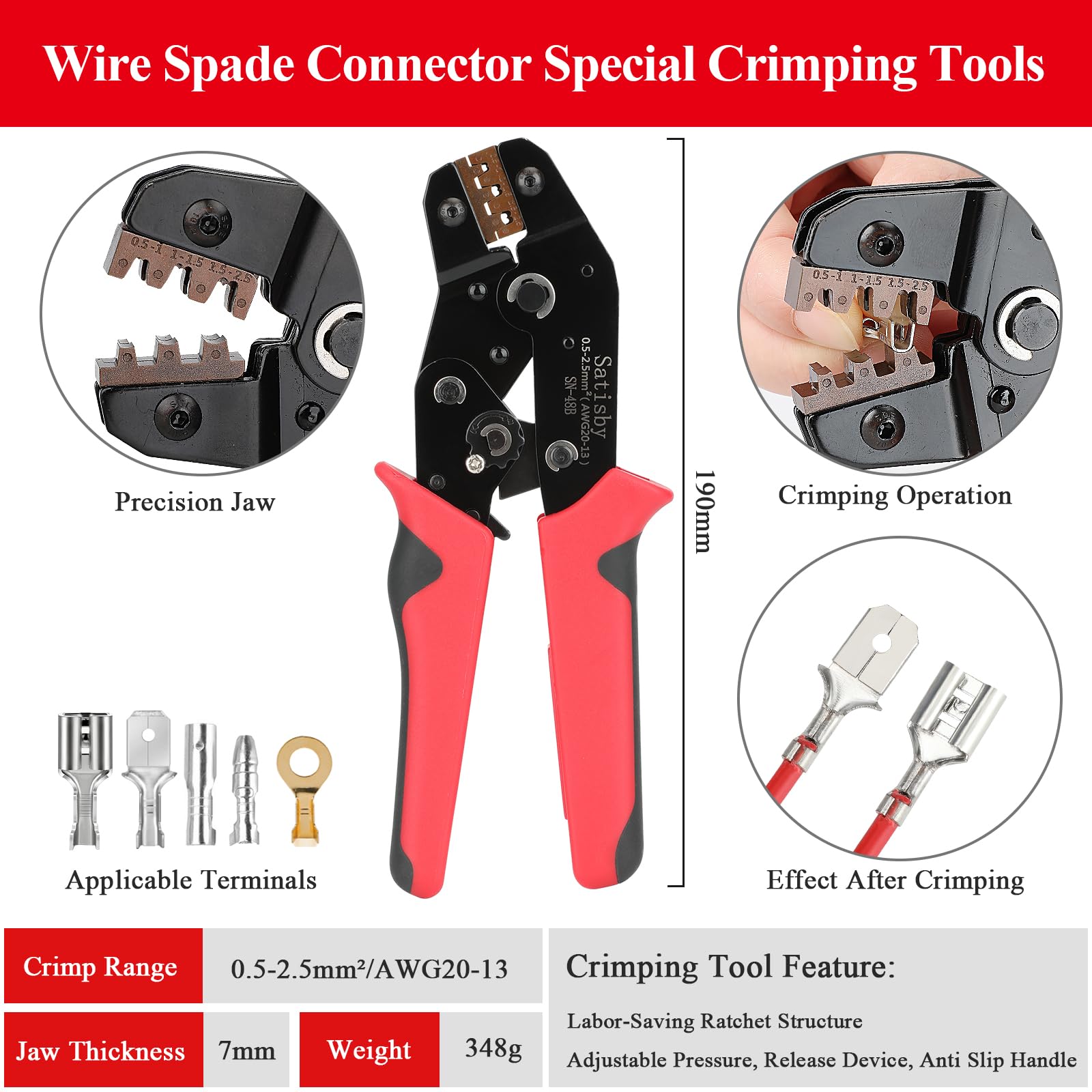Satisby Spade Connector Crimping Tool, 0.5-2.5mm/20-13 AWG Ratchet ...